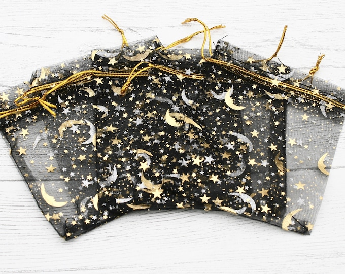 7cm X 9cm Black and Gold Moon and Star Organza Bags, Gift Bags ...