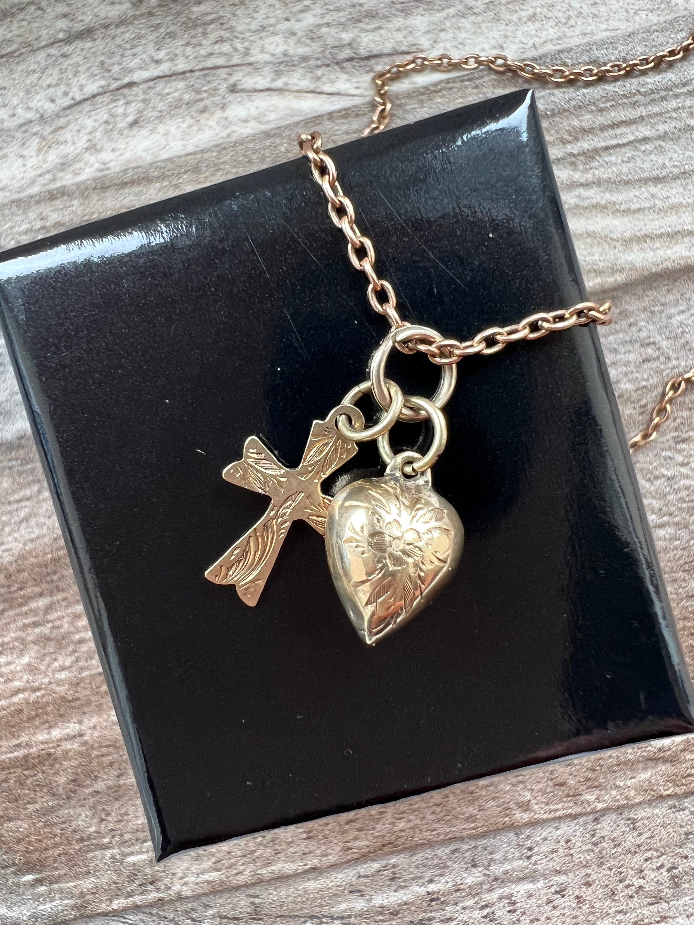 Victorian 9ct Gold Puffed Heart & Cross Duo Charm - Etsy