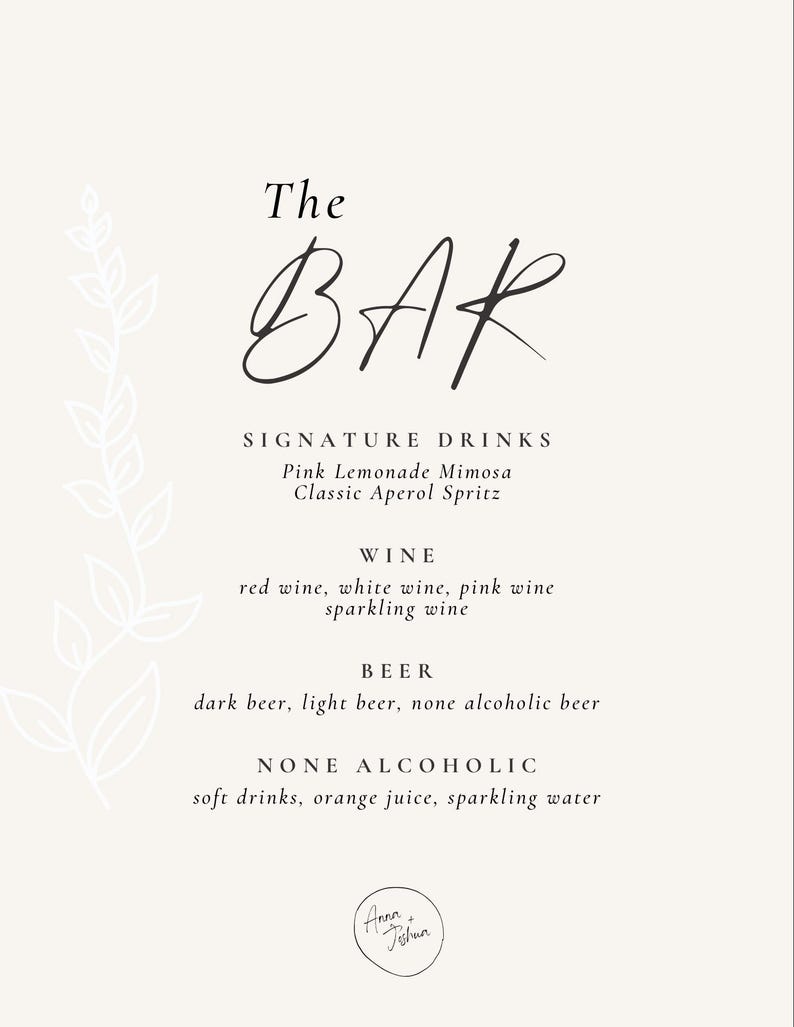 Wedding Bar Menu Template 8.5x11, Minimalist Bar Menu Wedding Sign ...
