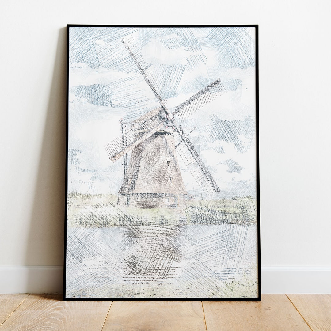 Abstract Line Art Sketch of a Windmill, Digital Print for Download - Etsy