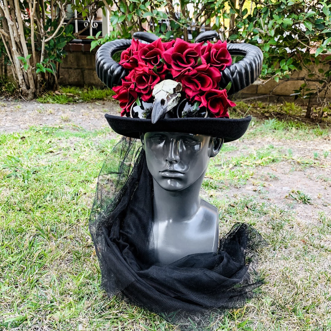 Red Rose With Raven Skull & Ram Horn Halloween Goggles Top Hat - Etsy