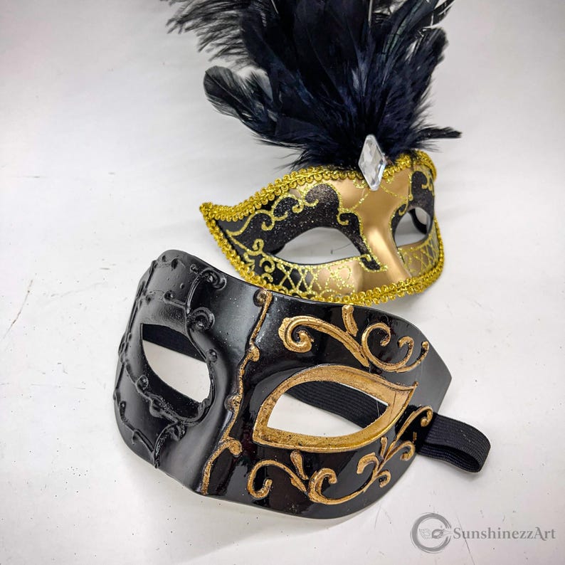 Black Gold Tall Feather Woman Men Couple Masquerade Wedding Ball Mask ...