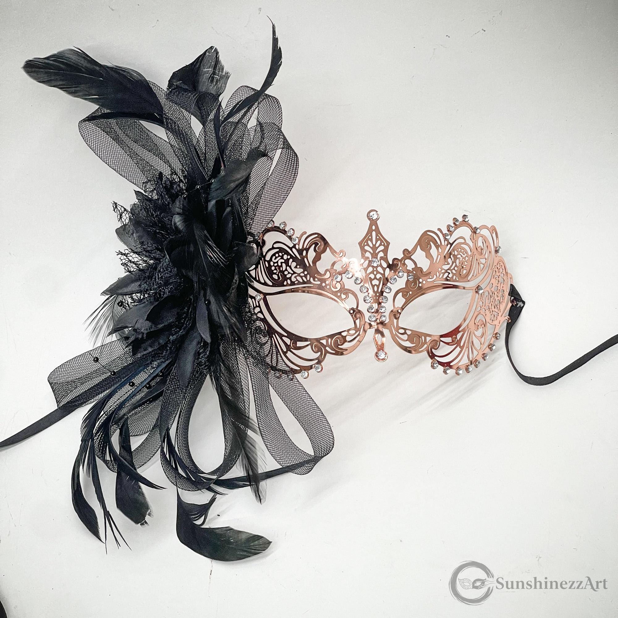 Black Filigree Masquerade Mask With Feather Fascinator & Rhinestones ...