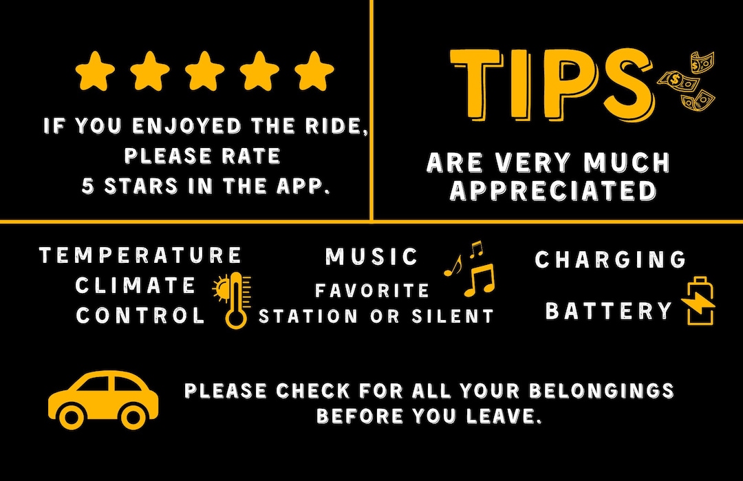 Rideshare Welcome Sign - Uber, Lyft, Taxi - Tip and Review Sign for ...