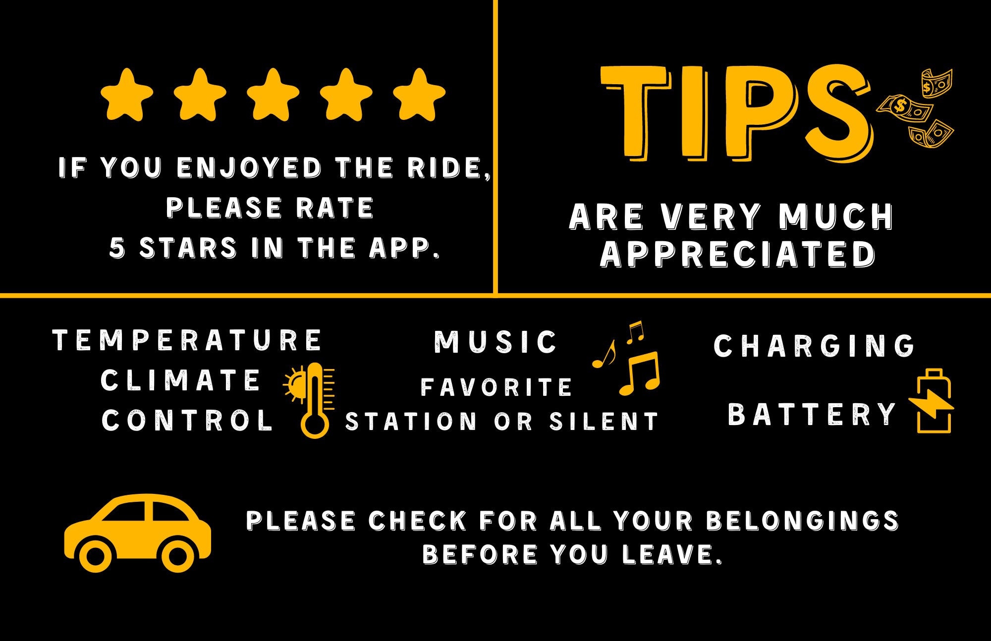 Rideshare Welcome Sign - Uber, Lyft, Taxi - Tip and Review Sign for ...