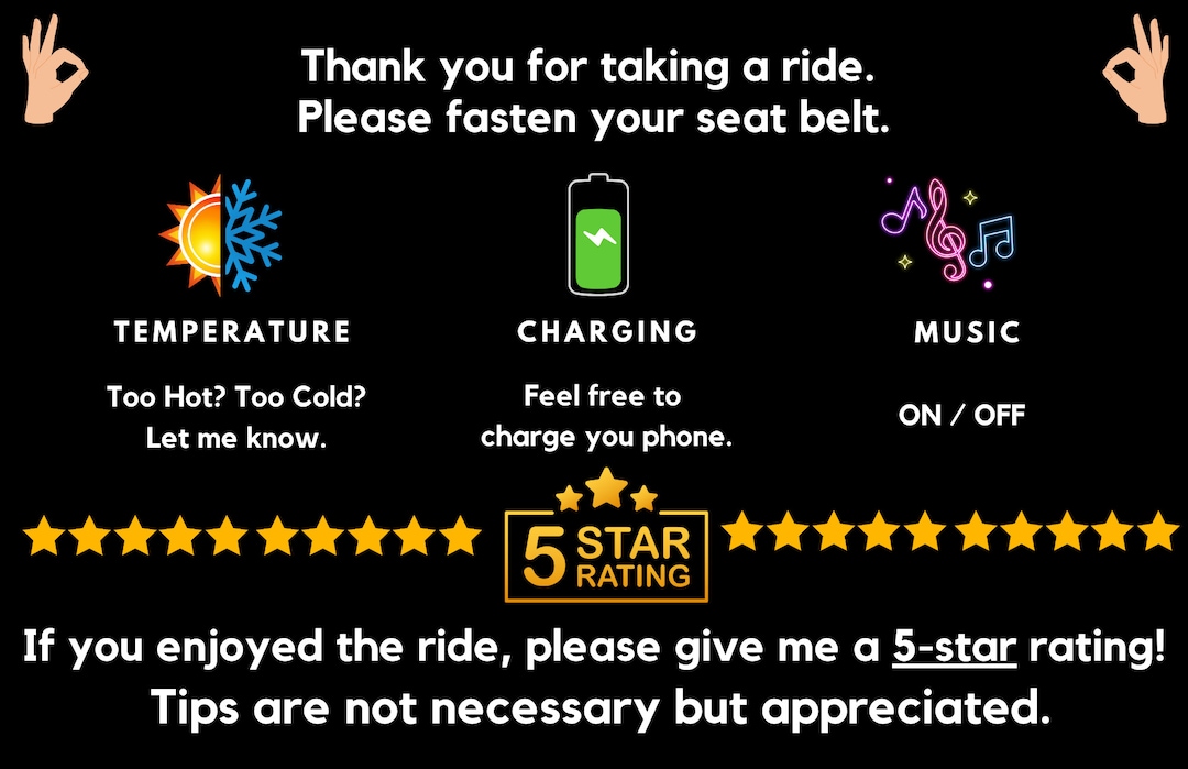 Rideshare Welcome Sign, Uber, Lyft, Taxi - Tip Review Sign for Guest ...