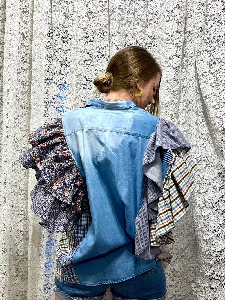 Upcycled Patchwork Oversize Shirt With Ruffles, Checkered Quality ...