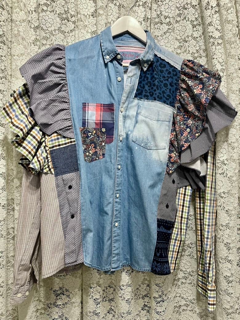 Upcycled Patchwork Oversize Shirt With Ruffles, Checkered Quality ...