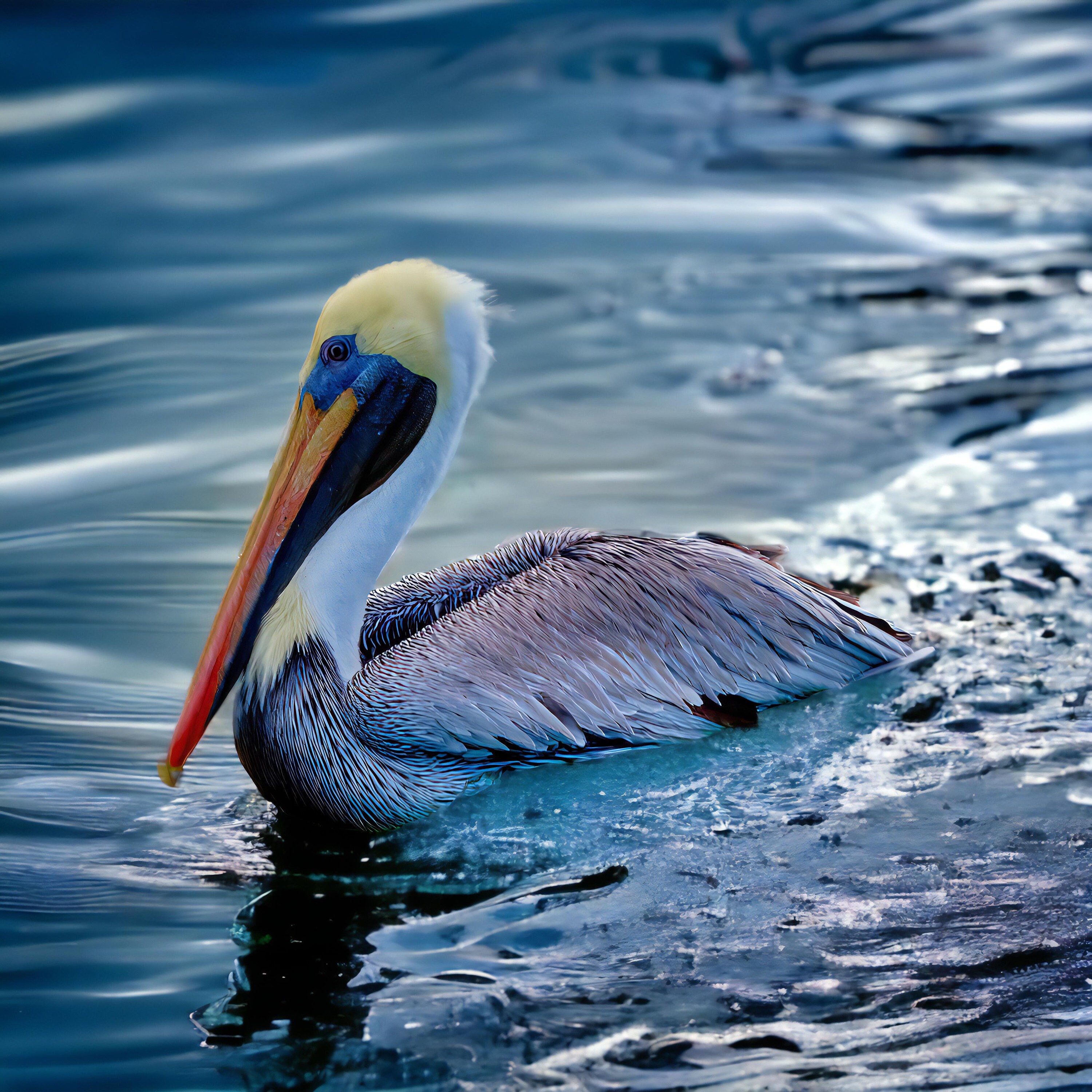 Brown Pelican Swimming in Full Breeding Colors - Ocean Bird in Full ...