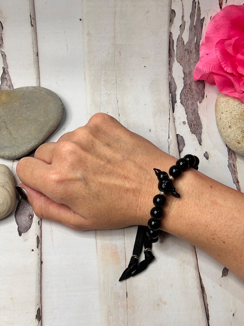 Black Onyx Raven Stacking Stretch Bracelet, Artisan Glass Crow Bracelet ...