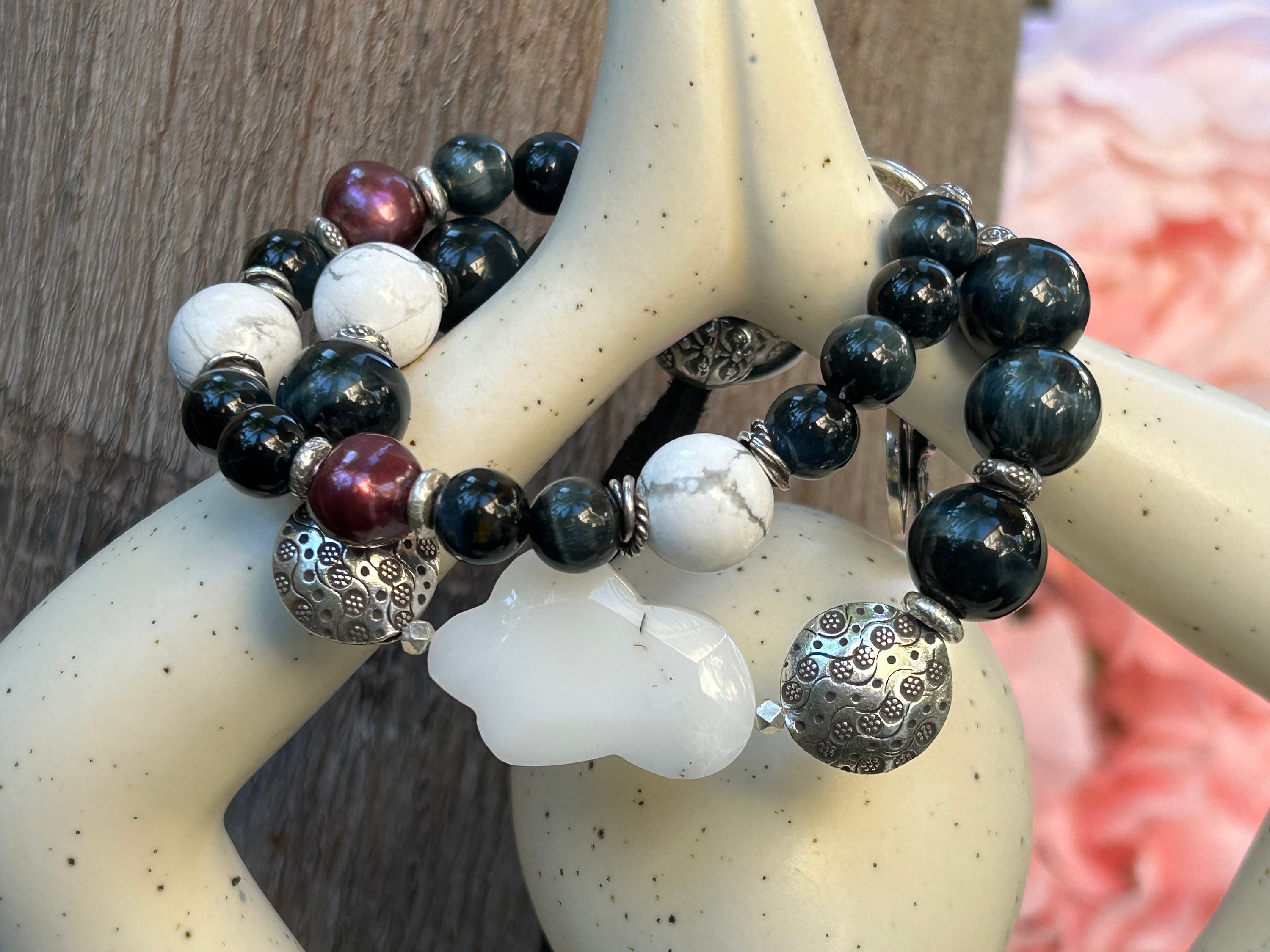 Navy and White Cloud Boho Button Bracelet, Hawk Eye and White Opal ...