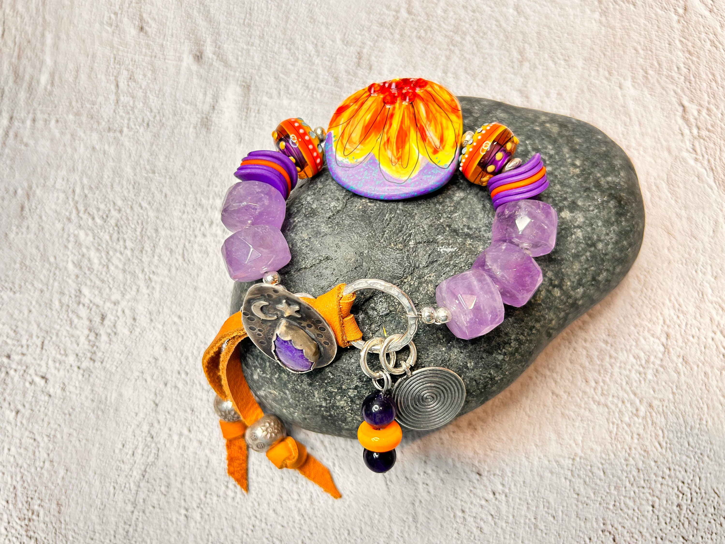 Orange Purple Boho Artisan Color Burst Gemstone Bracelet, Mixed Beads ...