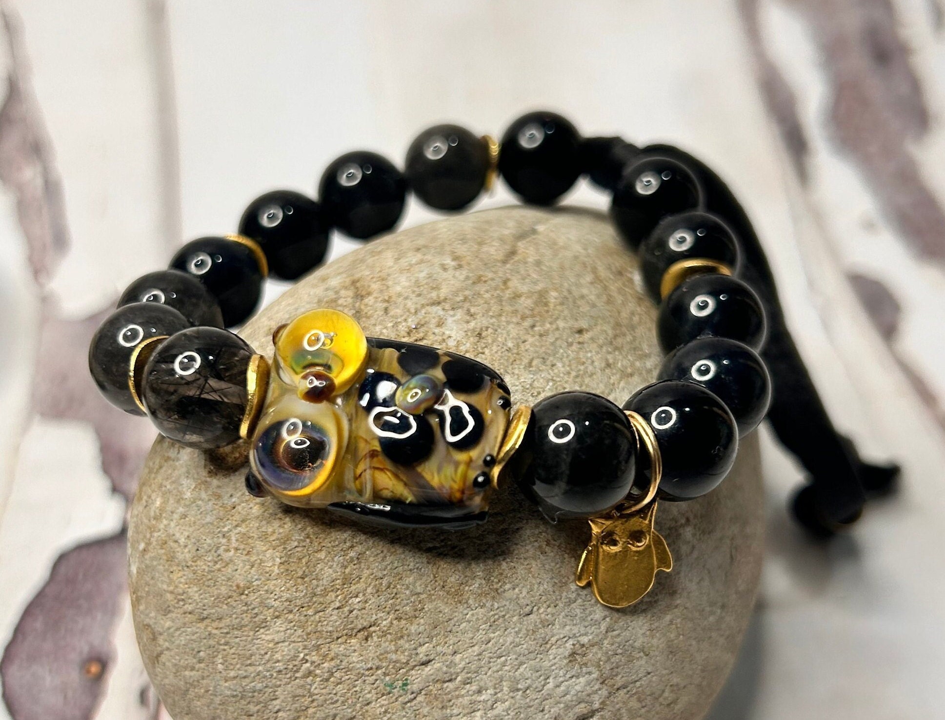 Black Rutile Quartz Stacking Stretch Bracelet, Artisan Glass Owl ...
