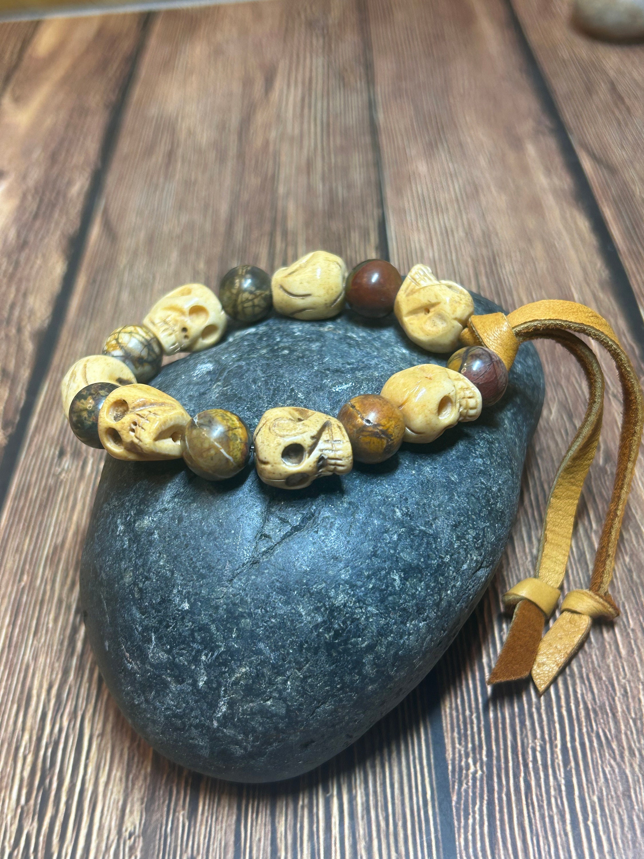Mens Skull Bracelet, Carved Bone Skull Stretch Bracelet, Earth Tone ...