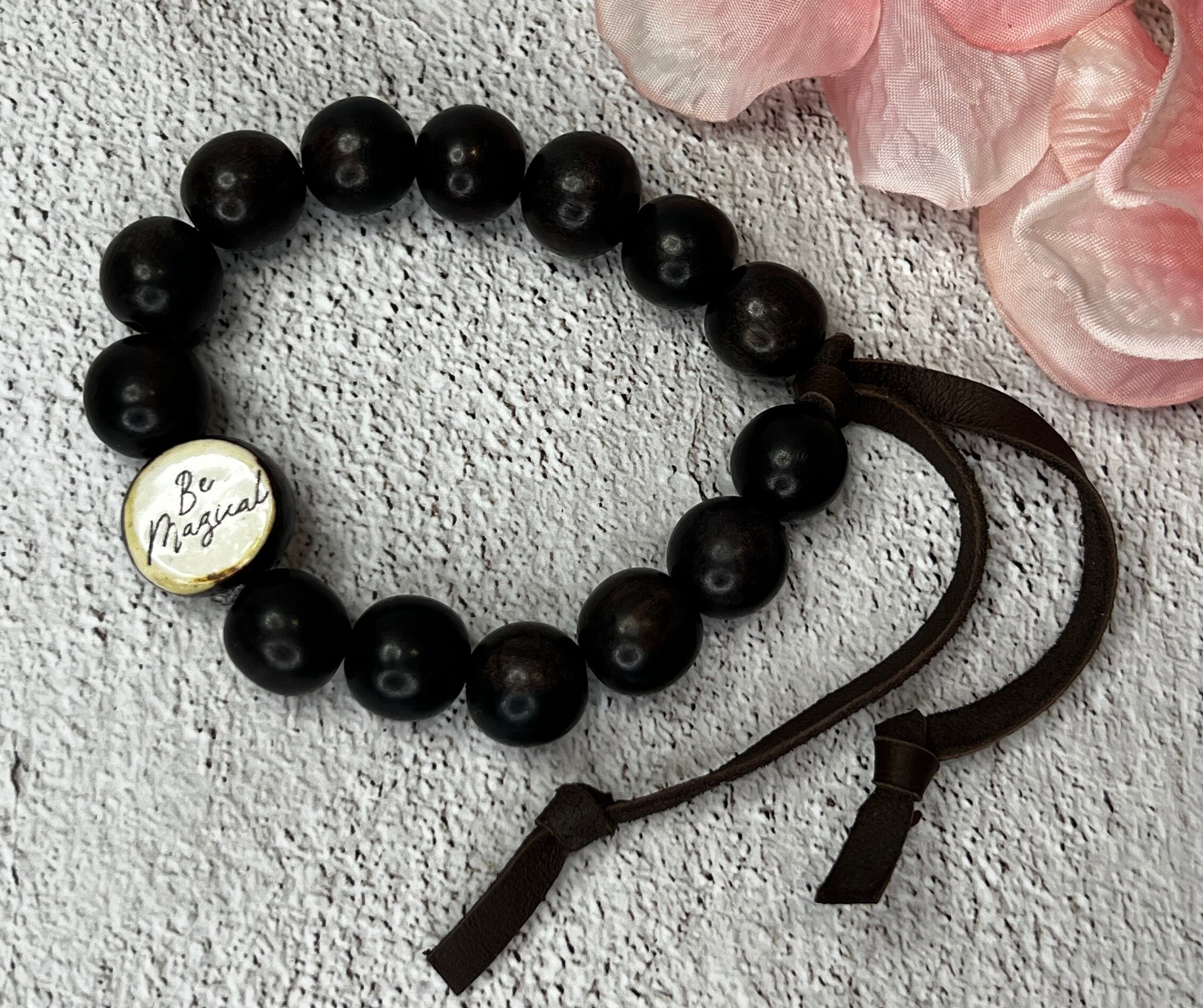 Brown Wood Pink Stacking Stretch Bracelet, Inspiration Affirmation Wood ...