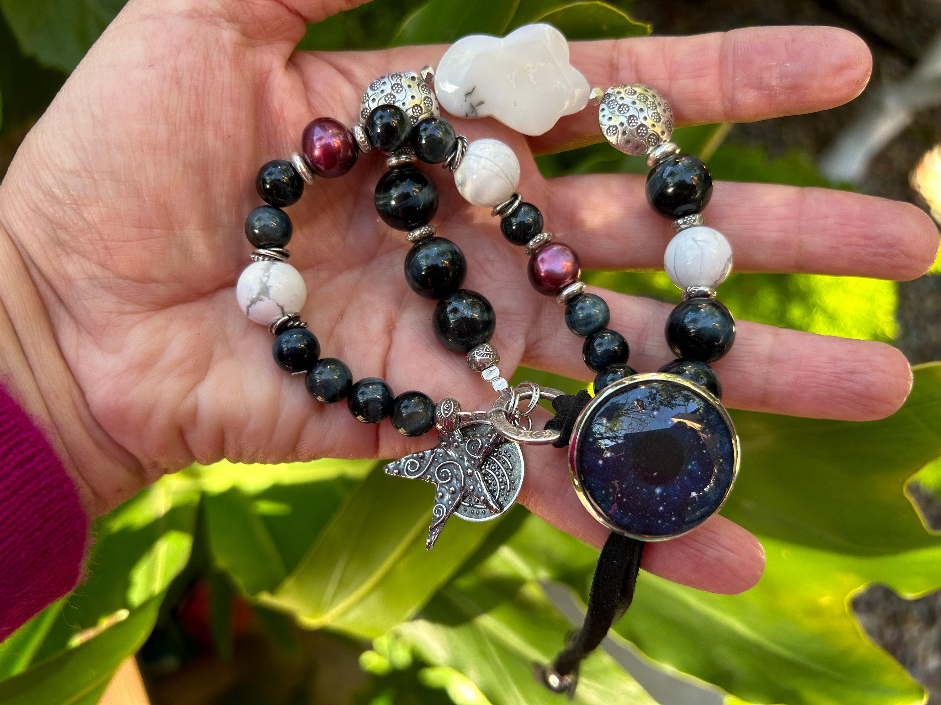 Navy and White Cloud Boho Button Bracelet, Hawk Eye and White Opal ...