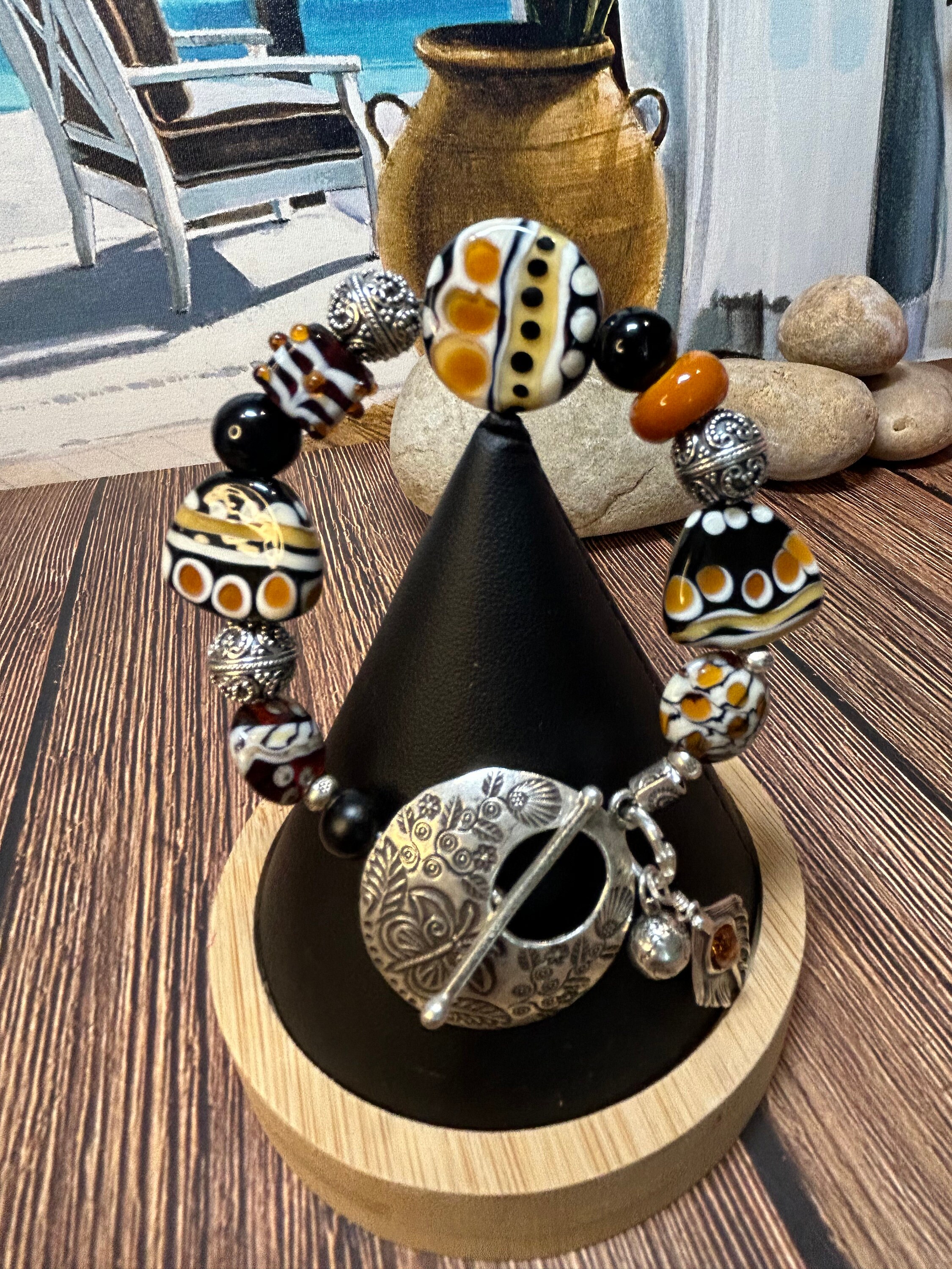 Boho Animal Print Artisan Lampwork Glass and Bali Silver Beads Bracelet ...