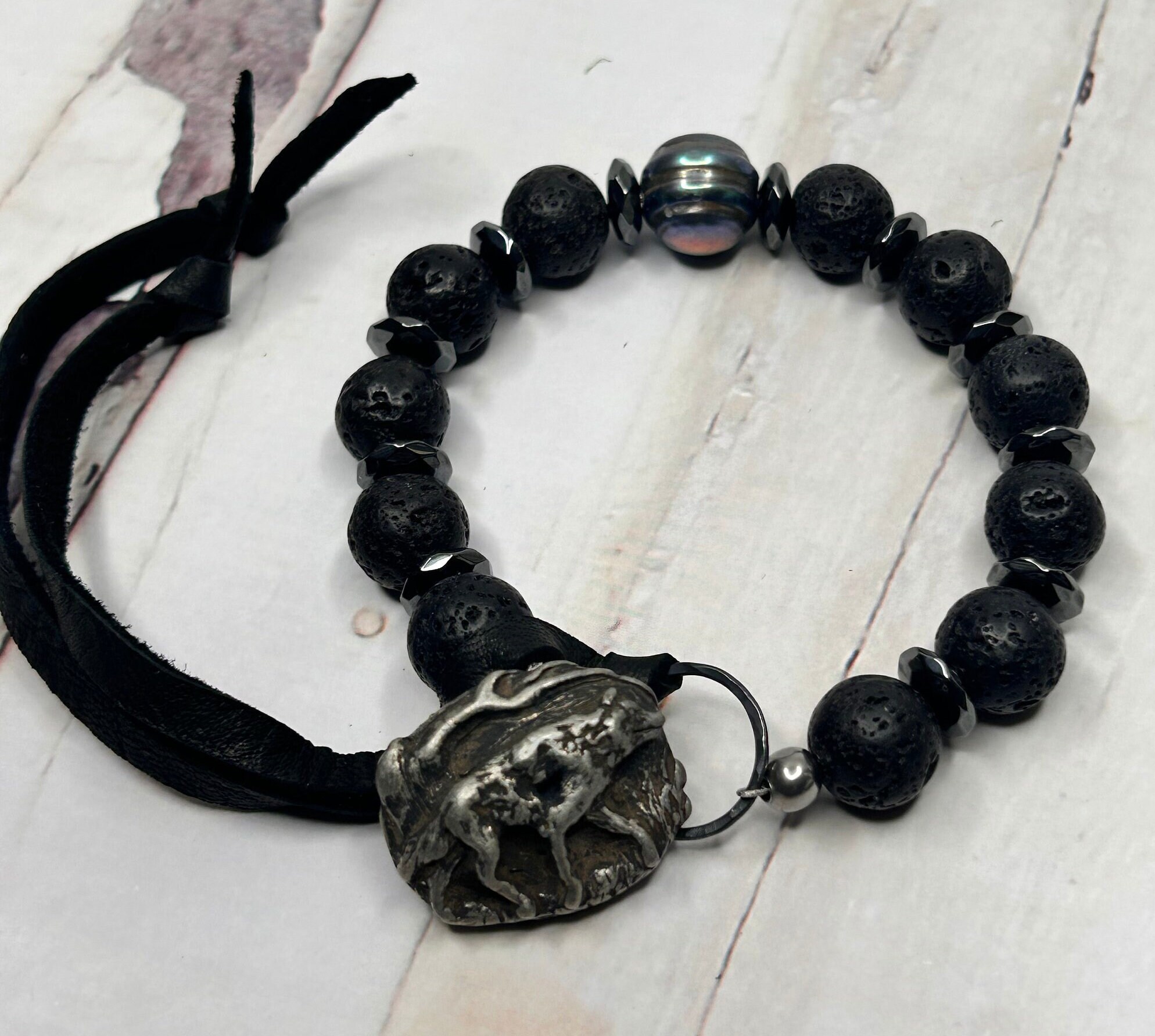 Mens Beaded Matte Lava Beads Wilderness Bracelet With Wolf Button and ...
