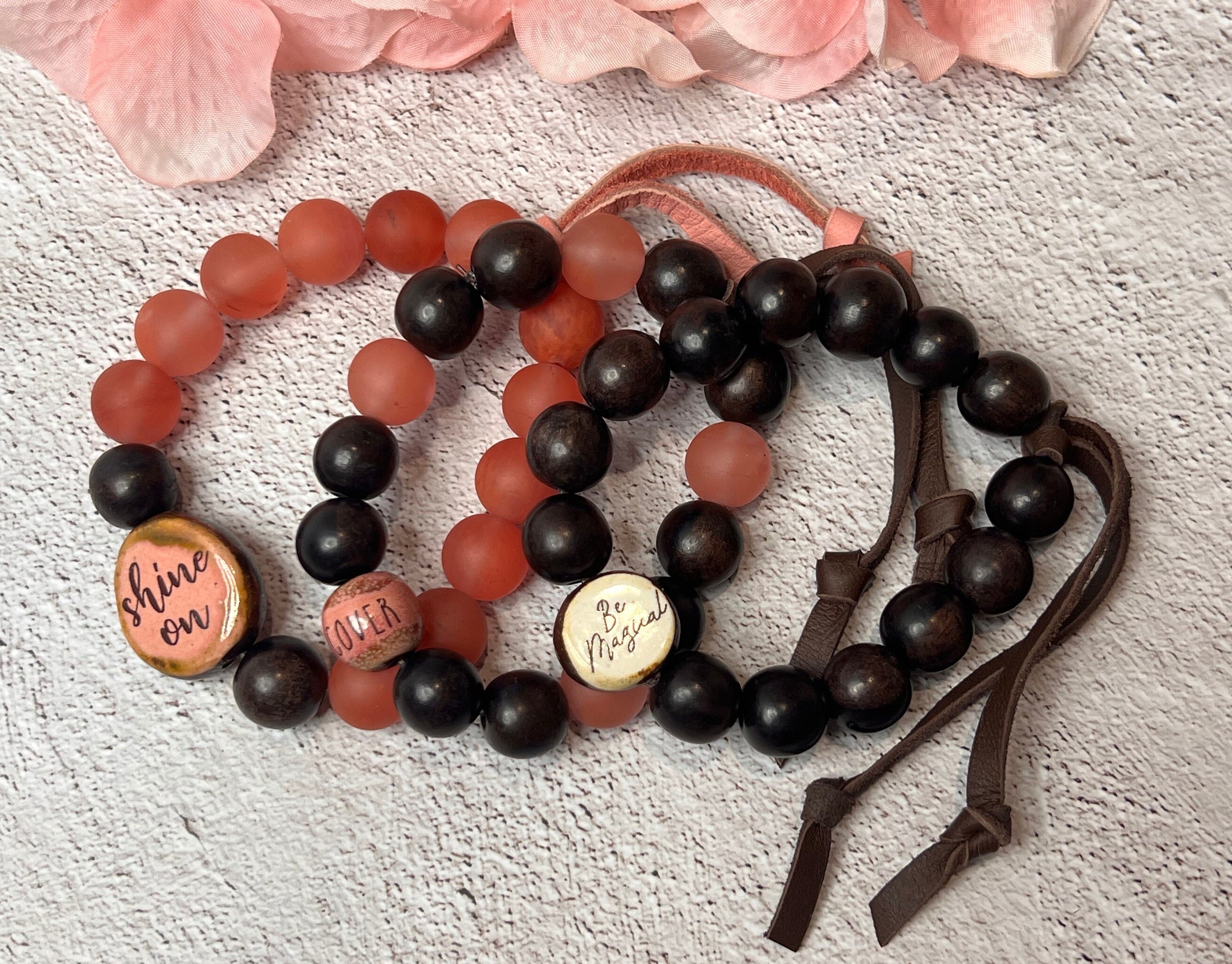 Brown Wood Pink Stacking Stretch Bracelet, Inspiration Affirmation Wood ...