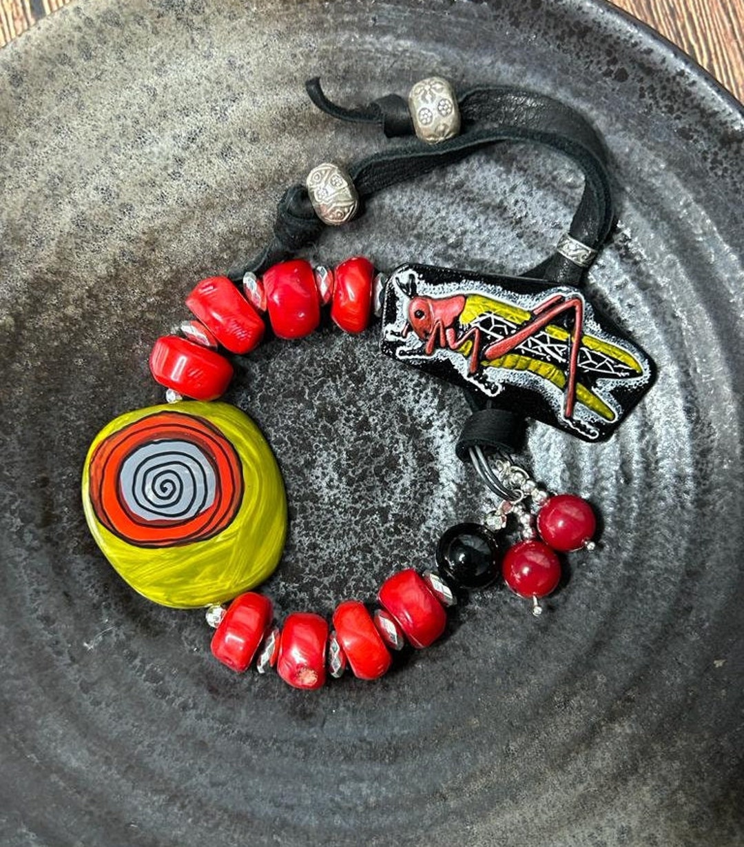 Cricket Bracelet, Red Olive Green Gemstone Bracelet, Button Bracelet ...