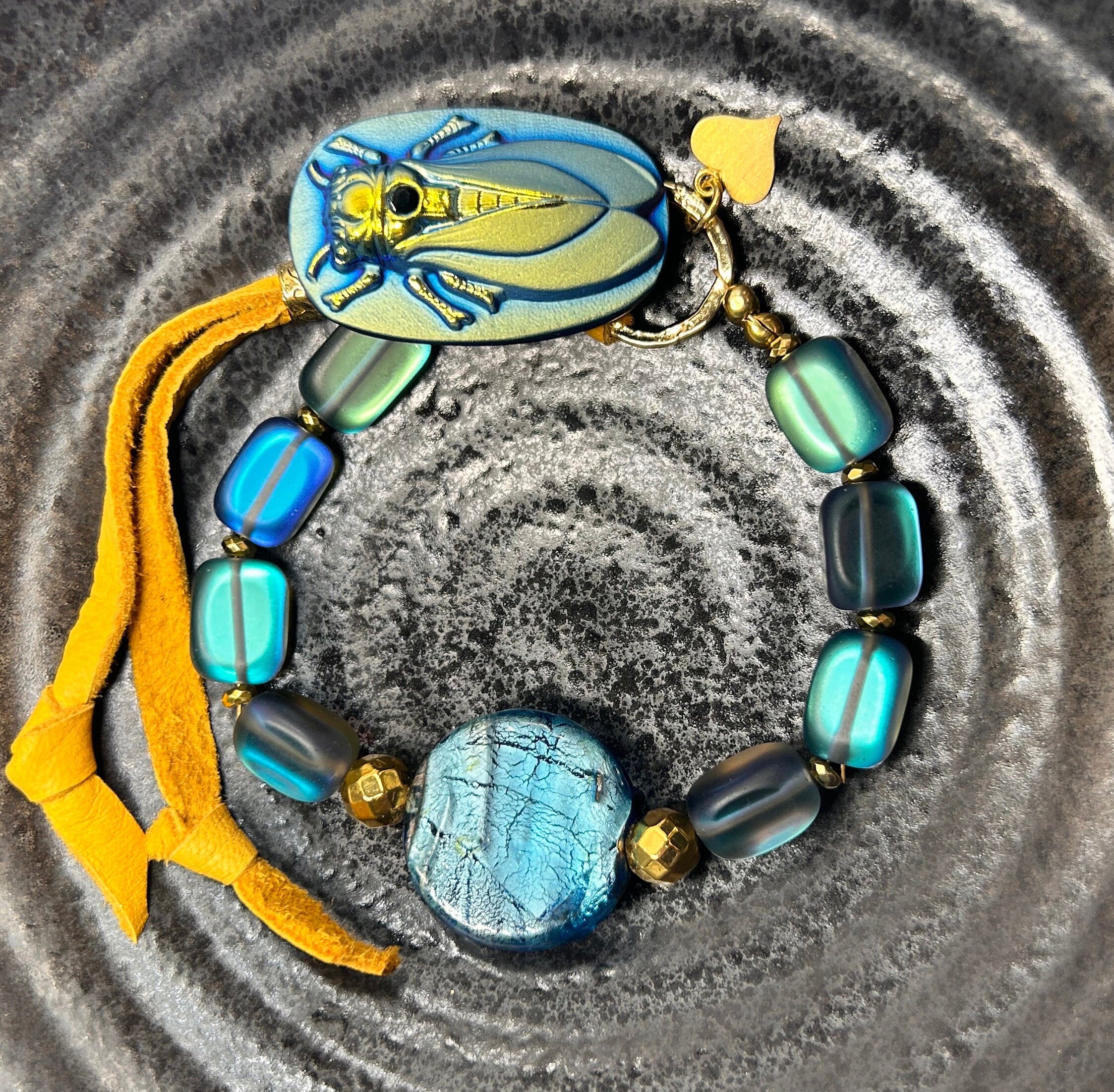 Glowing Scarab Blue Gold Button and Leather Bracelet, Beetle Gold Heart ...
