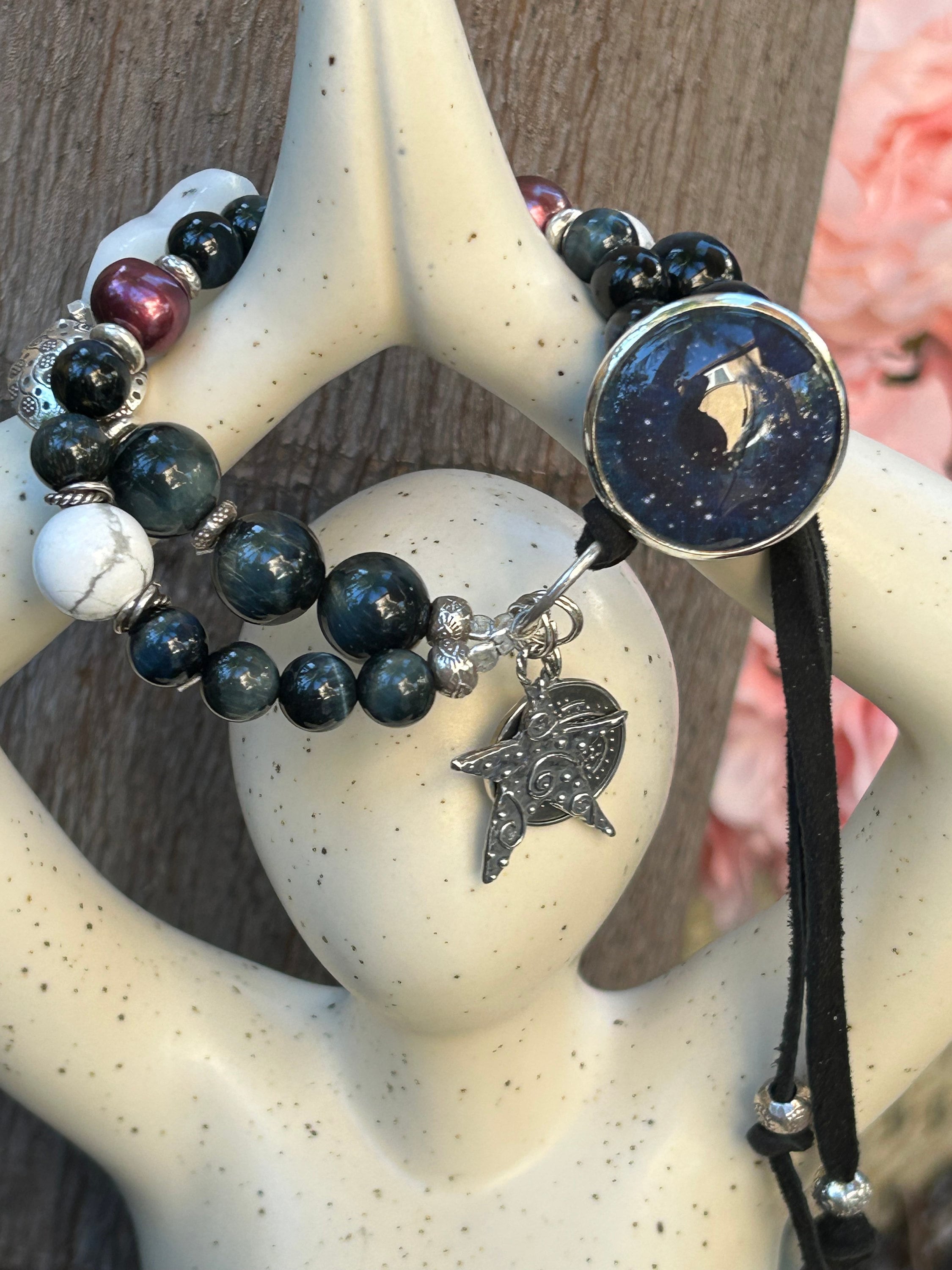 Navy and White Cloud Boho Button Bracelet, Hawk Eye and White Opal ...
