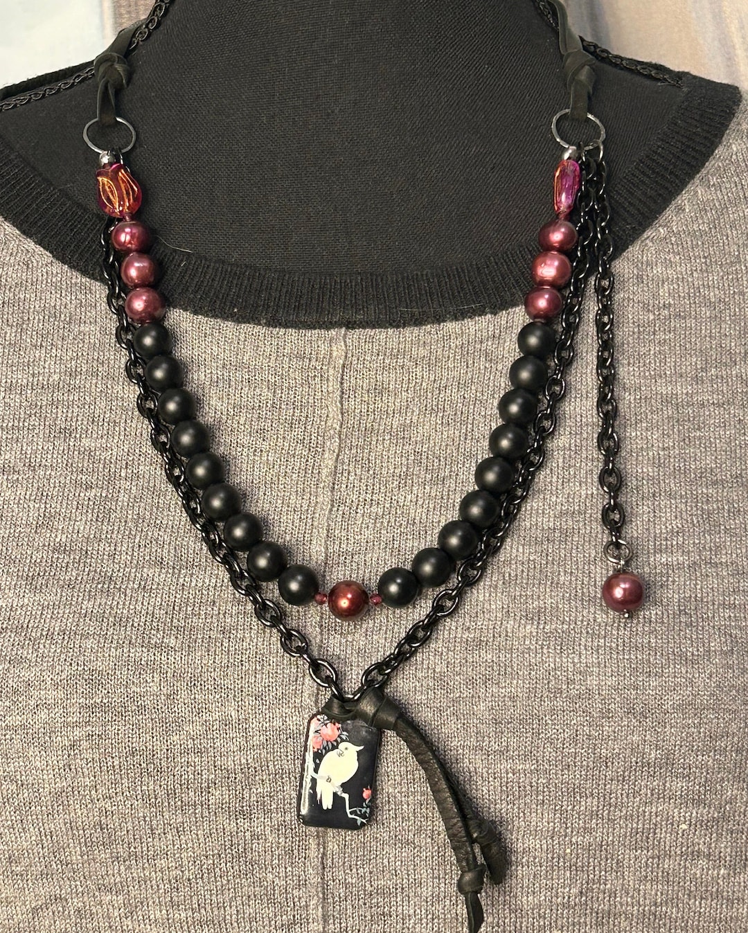 Black Chain Onyx Burgundy Pearls and Czech Glass Tulips Necklace With ...