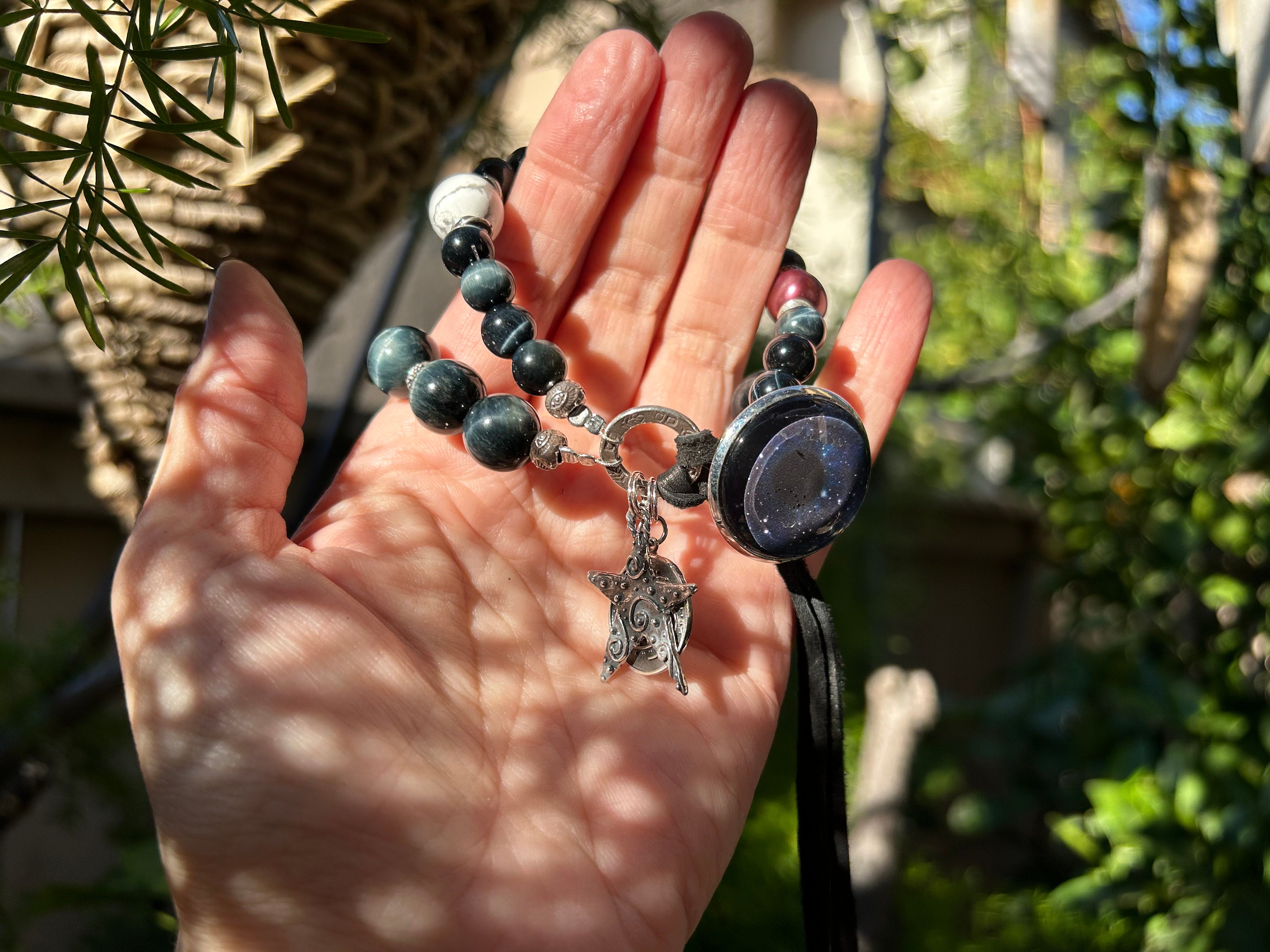 Navy and White Cloud Boho Button Bracelet, Hawk Eye and White Opal ...