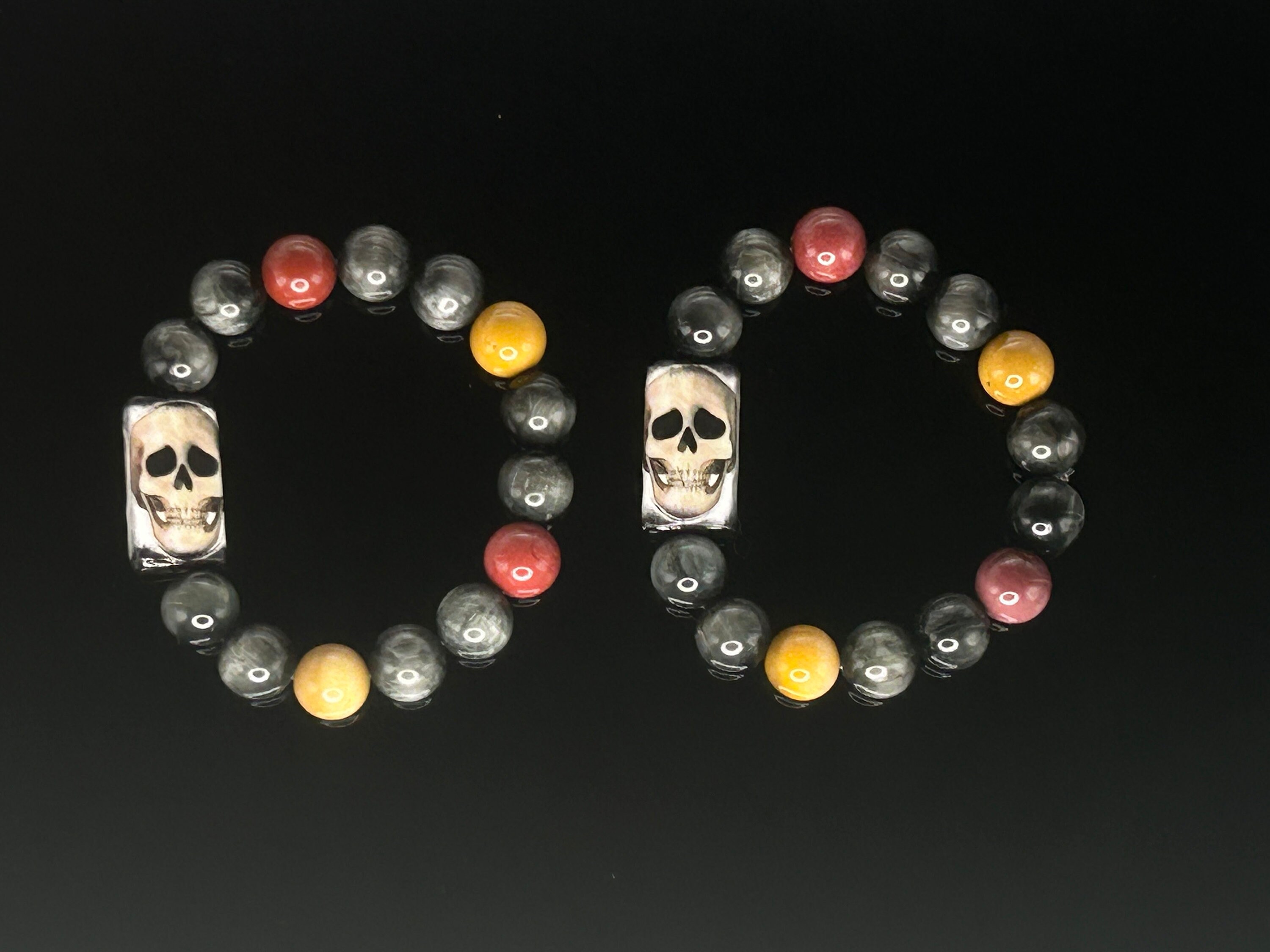 Gray Skull Stretch Bracelet, Stretch Bracelet W/ Bamboo Skull Bead ...