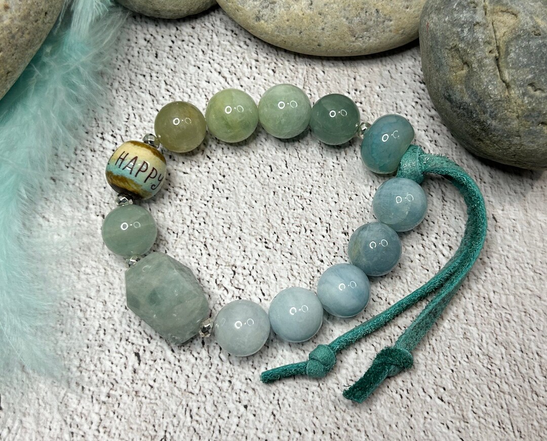 Blue Sea Foam Boho Artisan Stretch Bracelet With Be Happy Ceramic Bead ...
