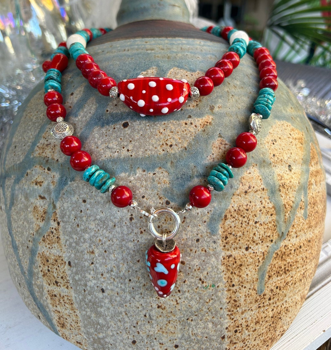 Turquoise and Red Coral Chunky Double Pendant Necklace, Big Bold ...