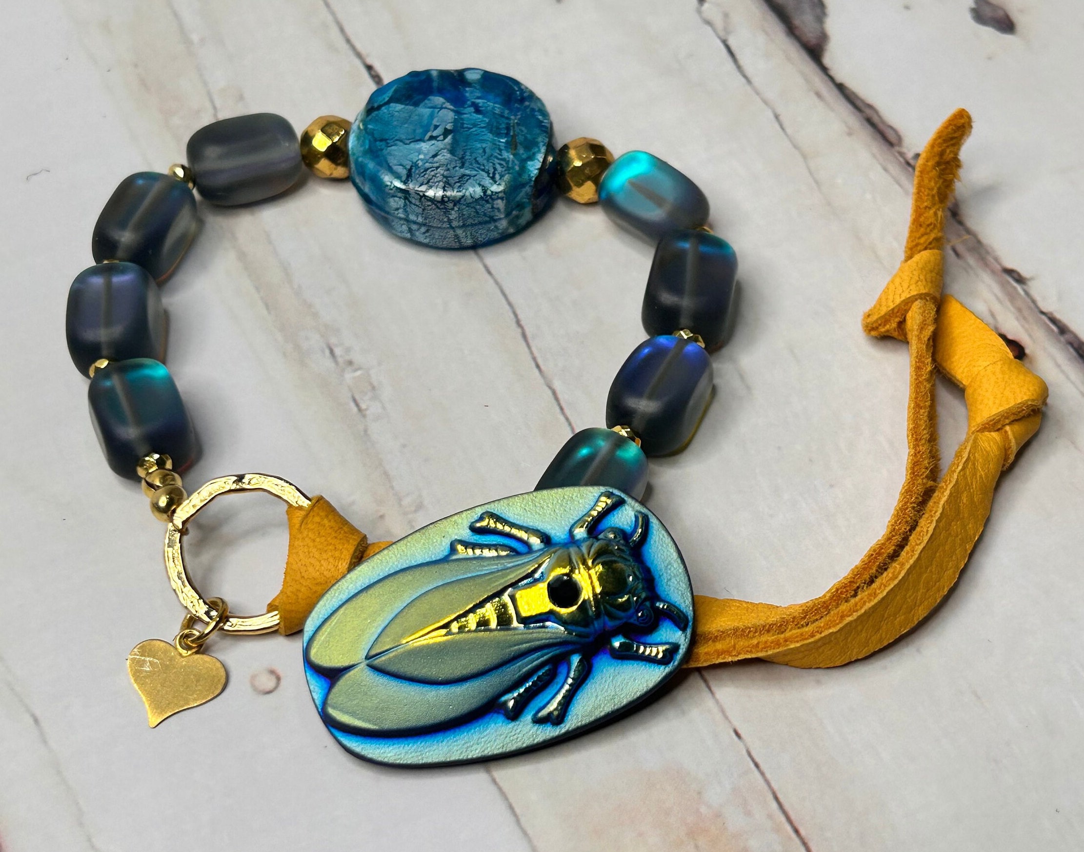 Glowing Scarab Blue Gold Button and Leather Bracelet, Beetle Gold Heart ...