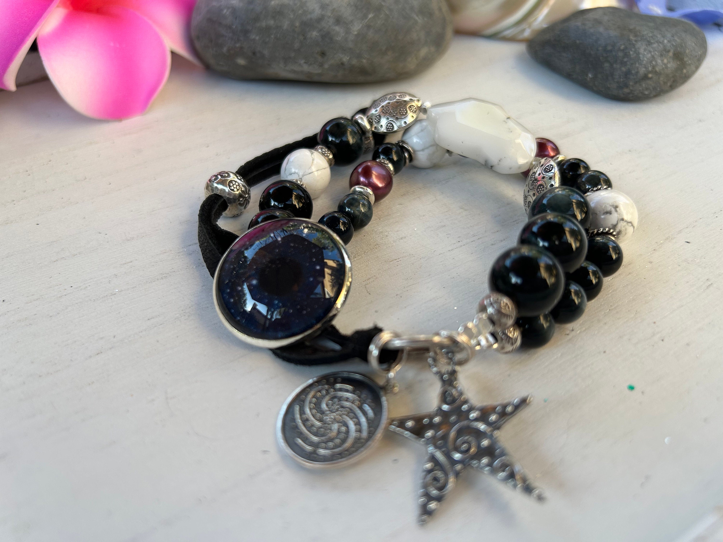 Navy and White Cloud Boho Button Bracelet, Hawk Eye and White Opal ...