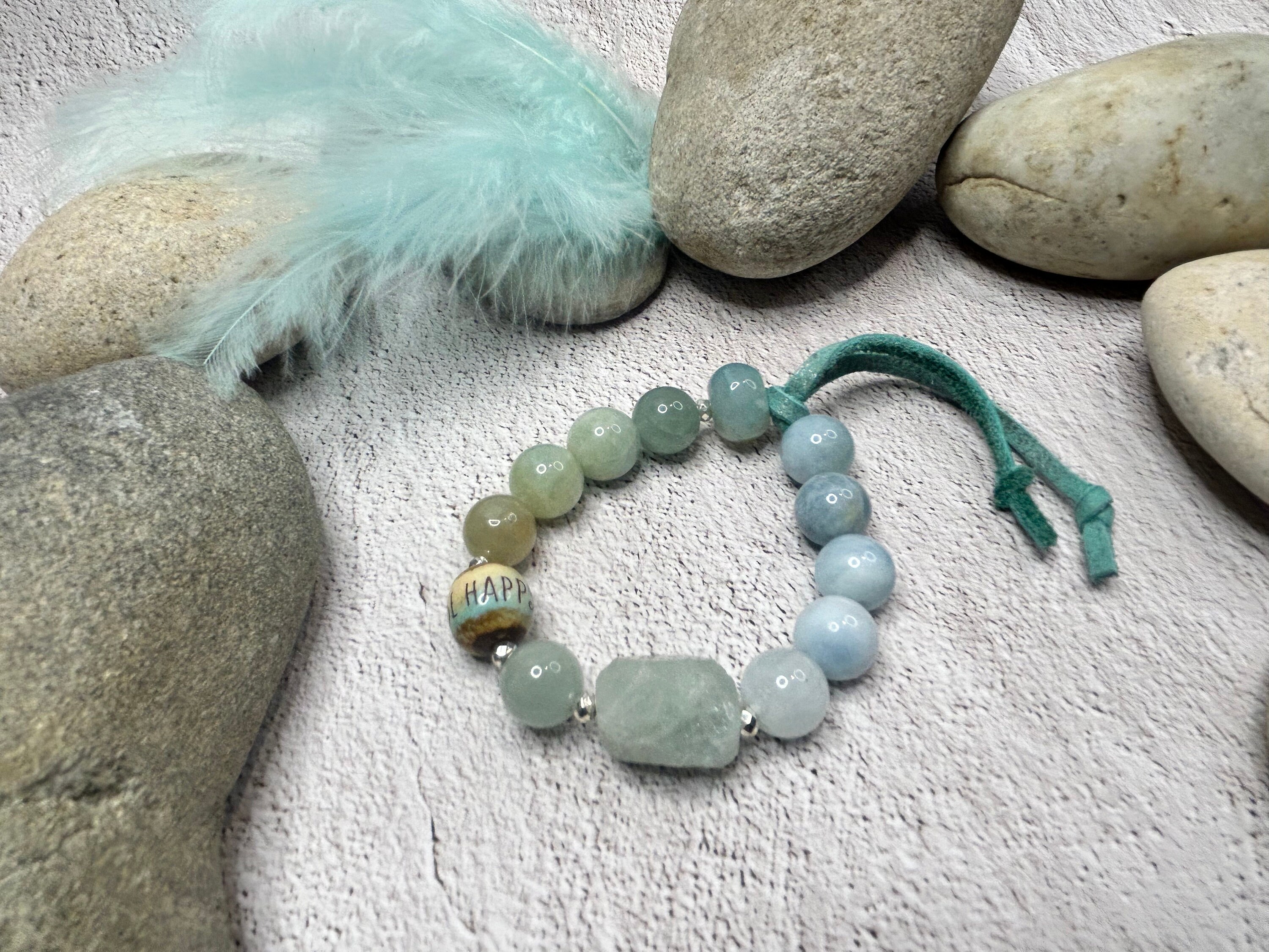 Blue Sea Foam Boho Artisan Stretch Bracelet With Be Happy Ceramic Bead ...