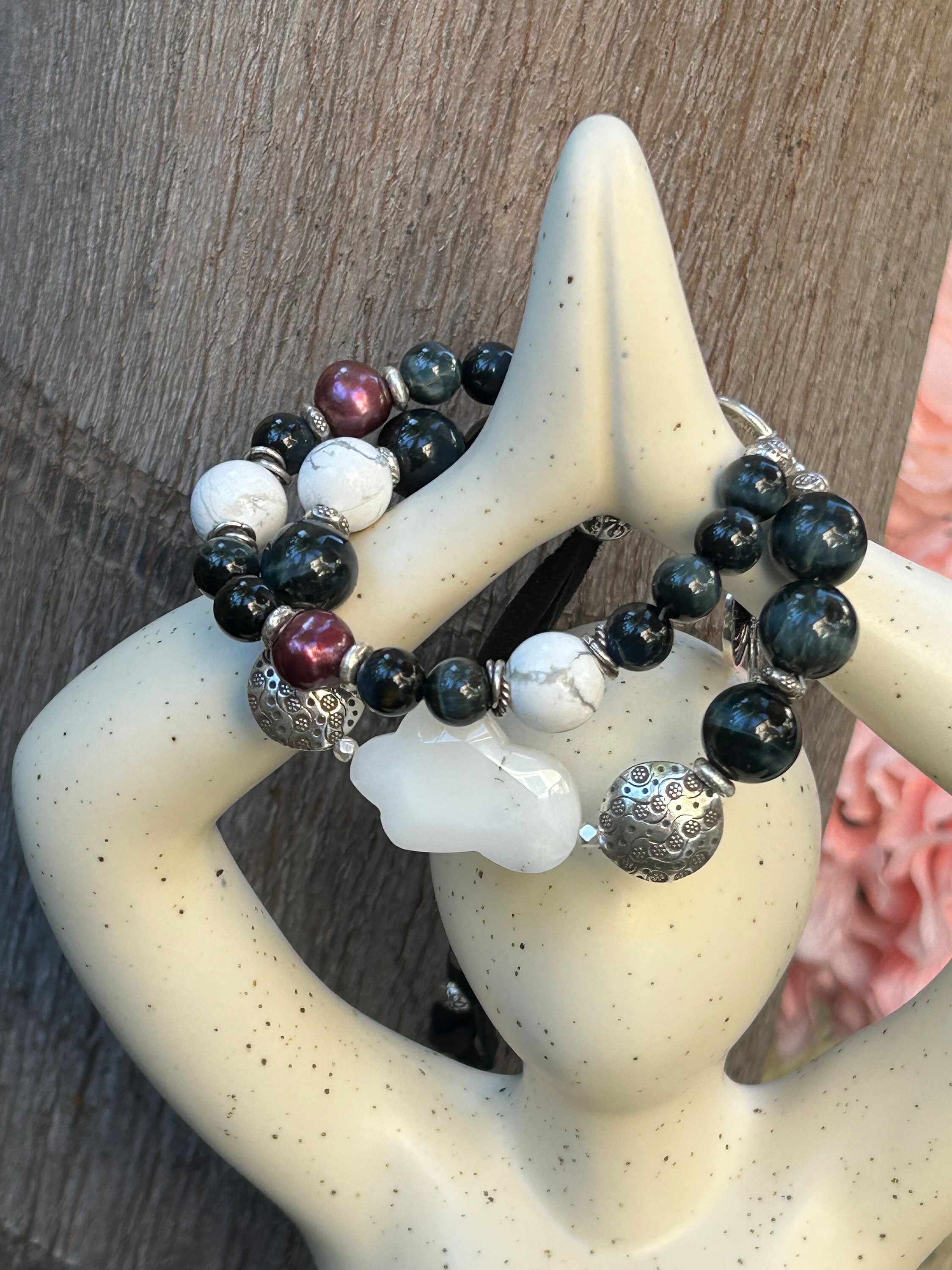 Navy and White Cloud Boho Button Bracelet, Hawk Eye and White Opal ...