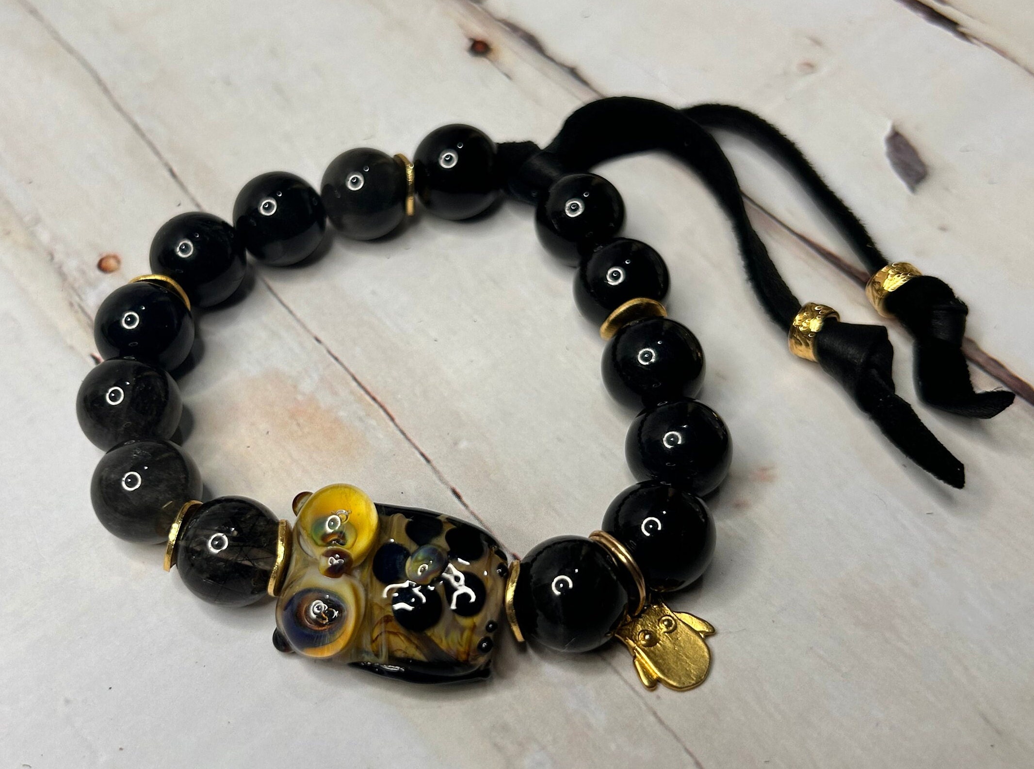 Black Rutile Quartz Stacking Stretch Bracelet, Artisan Glass Owl ...