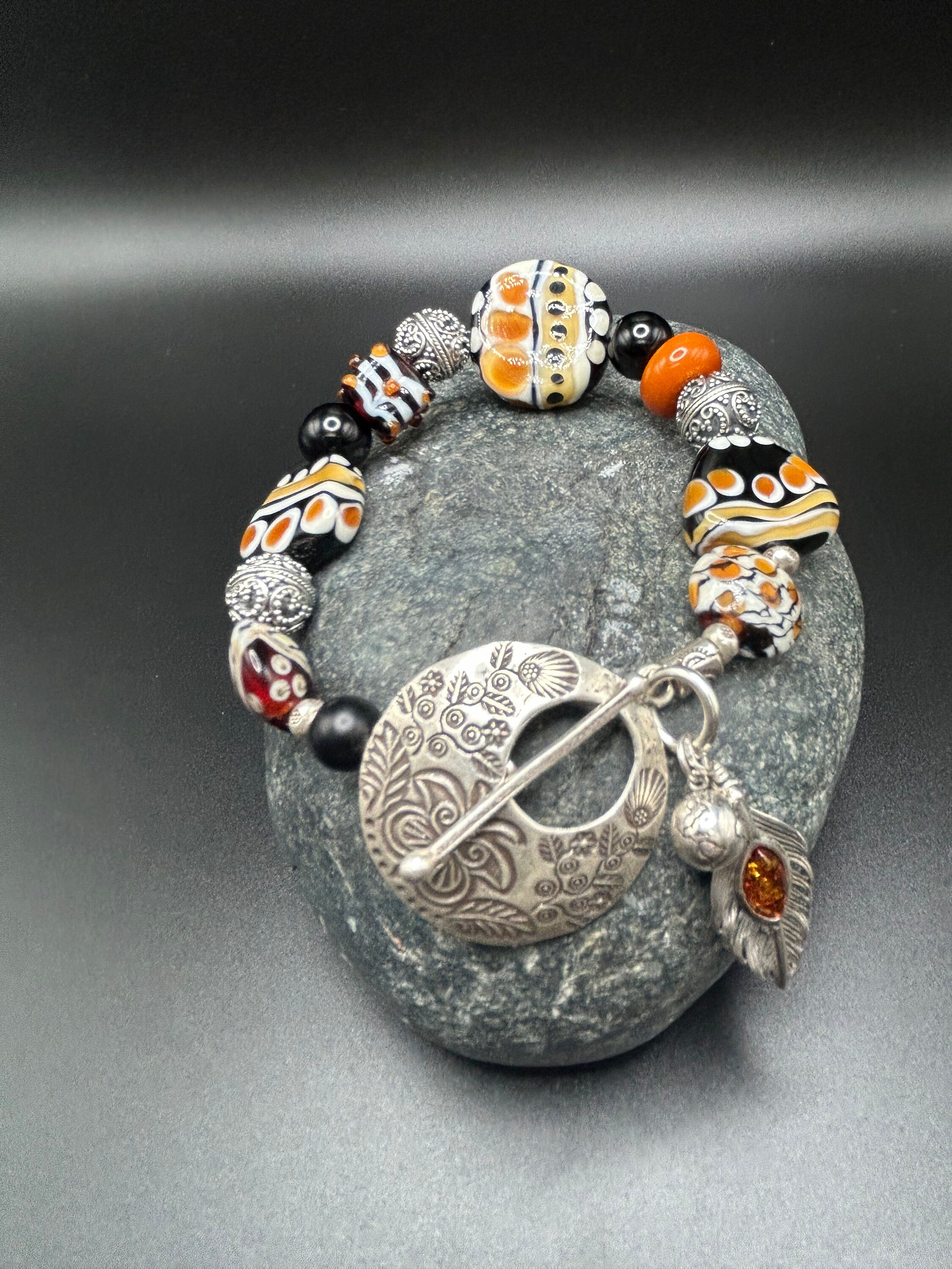 Boho Animal Print Artisan Lampwork Glass and Bali Silver Beads Bracelet ...