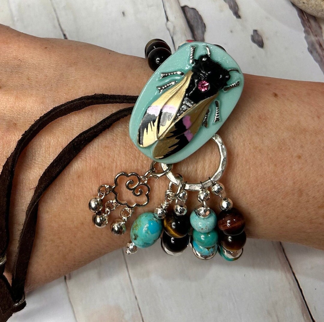 Scarab Blue Brown Button and Leather Bracelet, Beetle Bug Bracelet ...