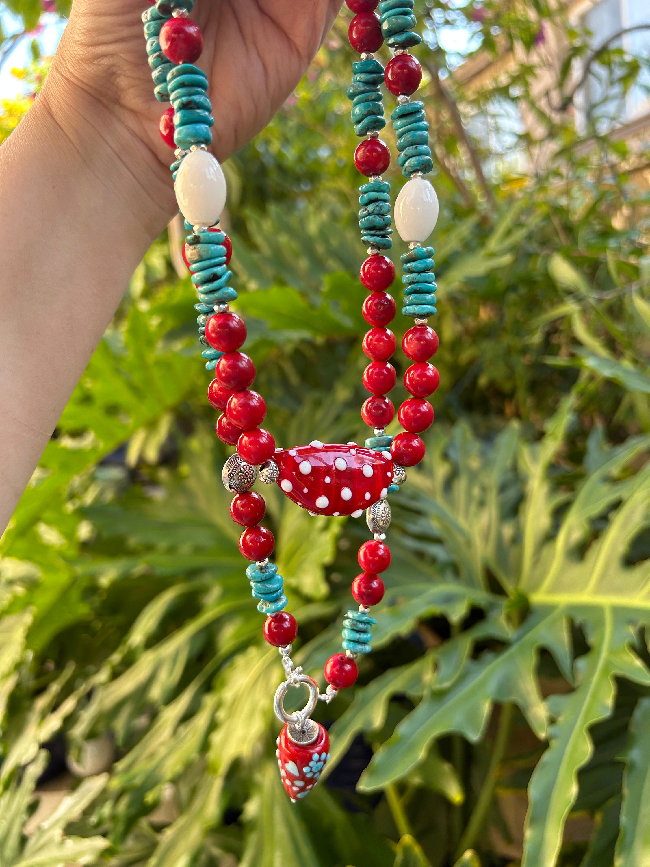 Turquoise And Red Coral Chunky Double Pendant Necklace Big Bold