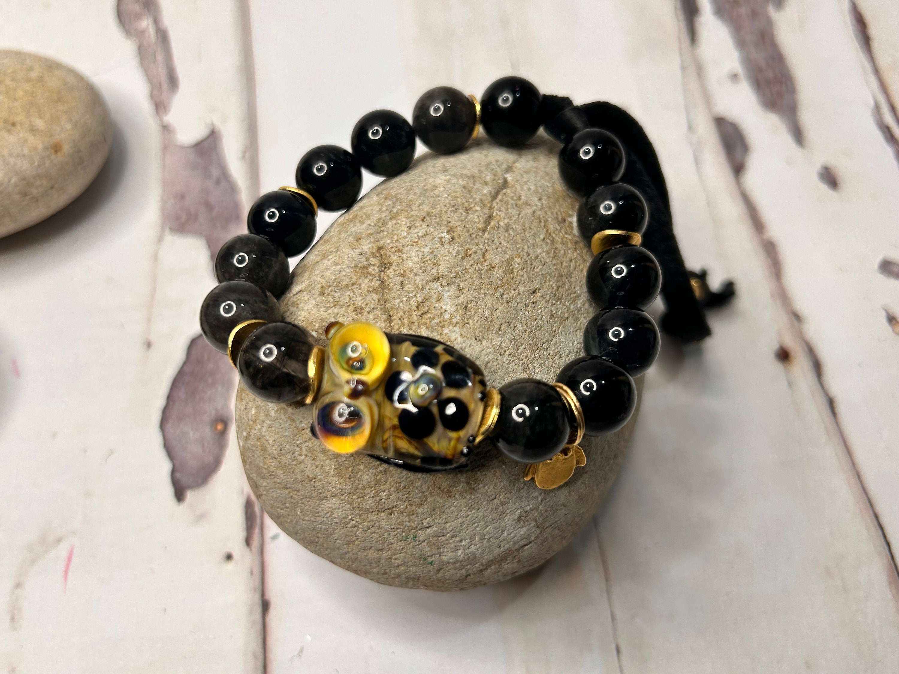 Black Rutile Quartz Stacking Stretch Bracelet, Artisan Glass Owl ...