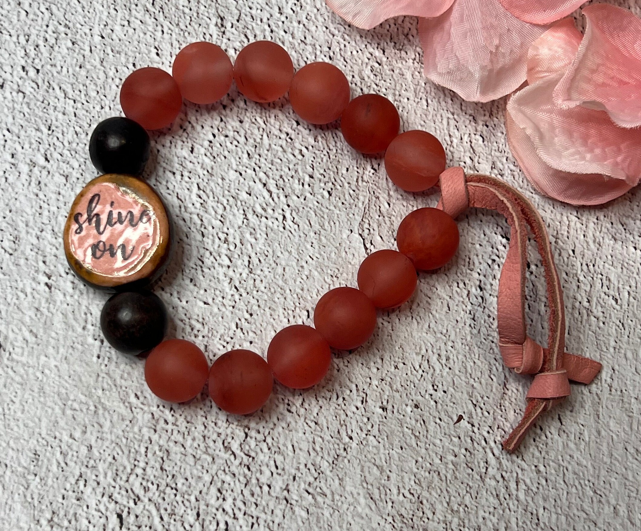 Brown Wood Pink Stacking Stretch Bracelet, Inspiration Affirmation Wood ...