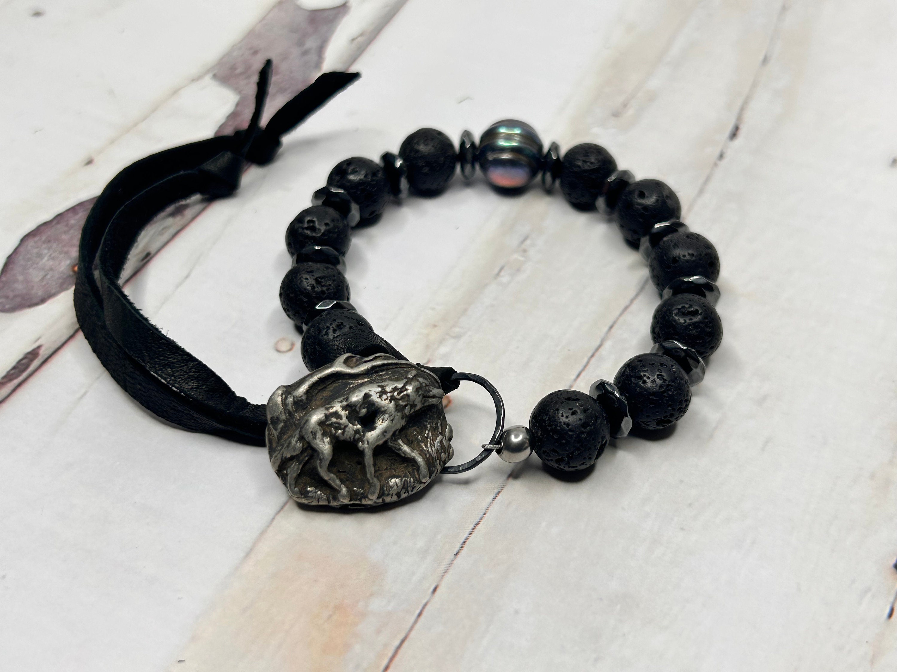 Mens Beaded Matte Lava Beads Wilderness Bracelet With Wolf Button and ...