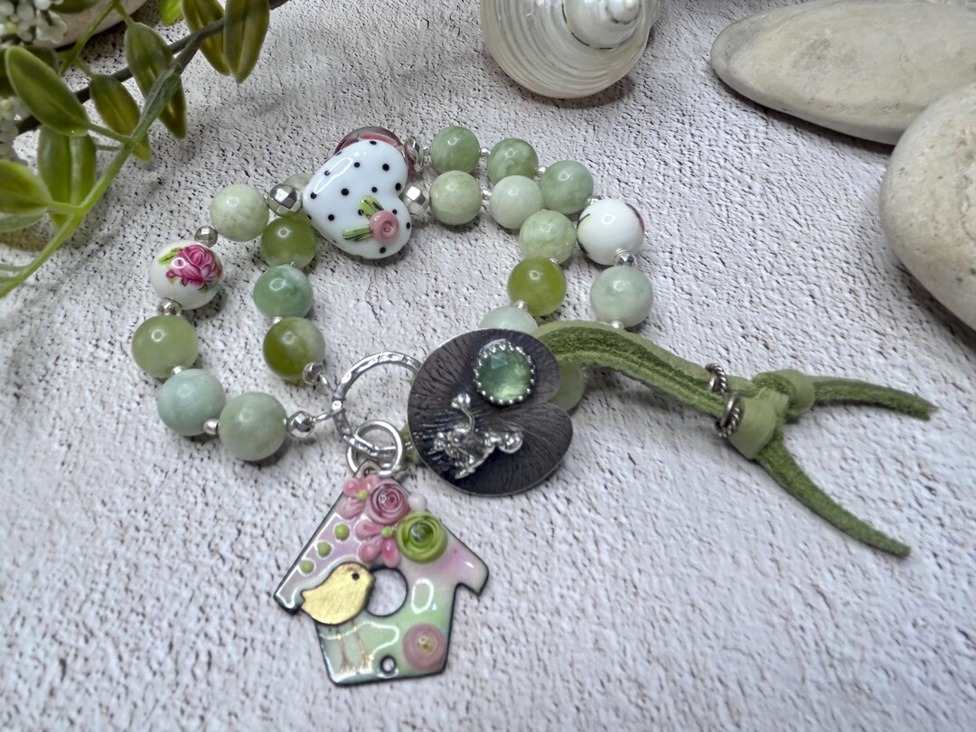 White Heart Green Serpentine Jade Button Bracelet With Leather, Bird ...