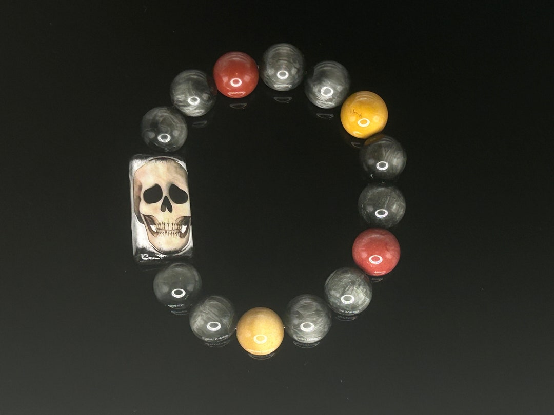 Gray Skull Stretch Bracelet, Stretch Bracelet W/ Bamboo Skull Bead ...