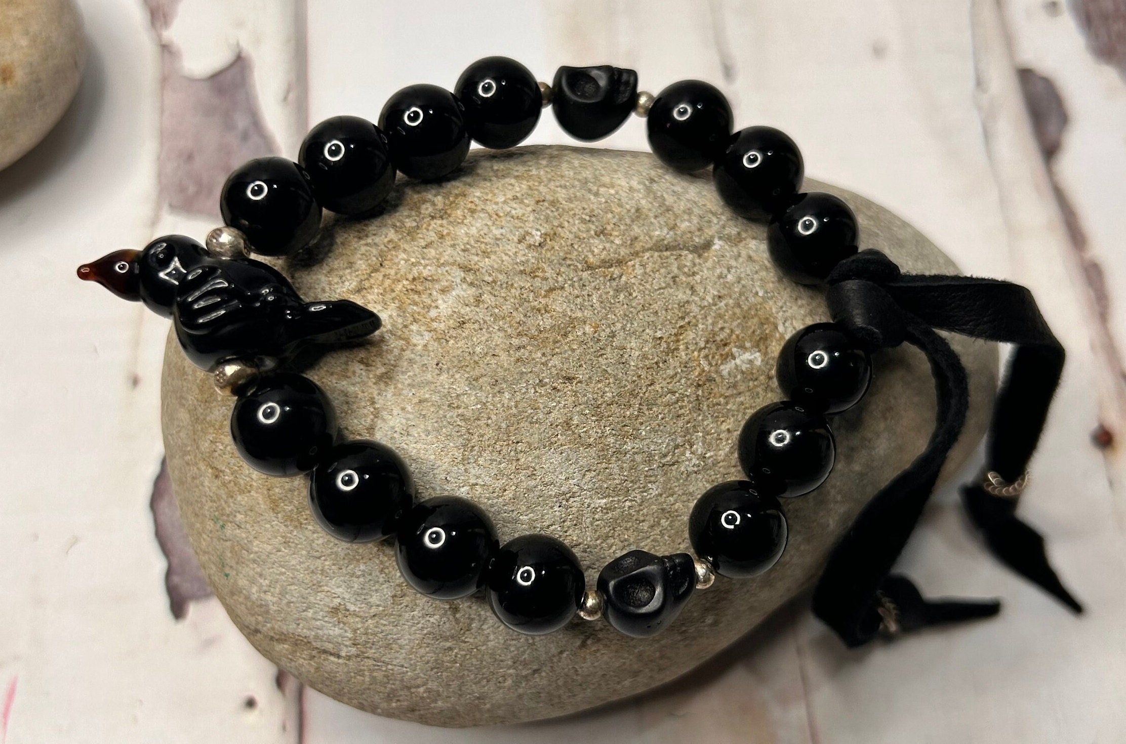 Black Onyx Raven Stacking Stretch Bracelet, Artisan Glass Crow Bracelet ...
