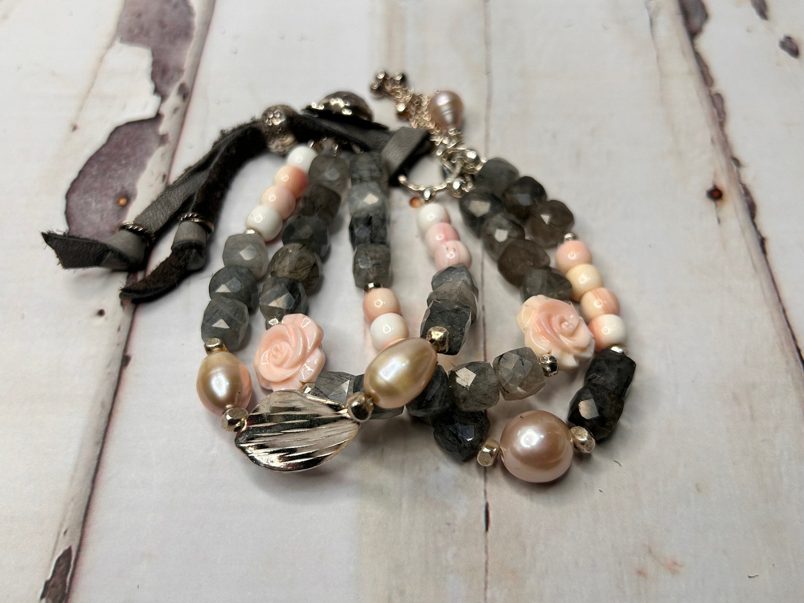 Queen Conch Shell Rutile Quartz Bracelet, Sterling Silver Button ...