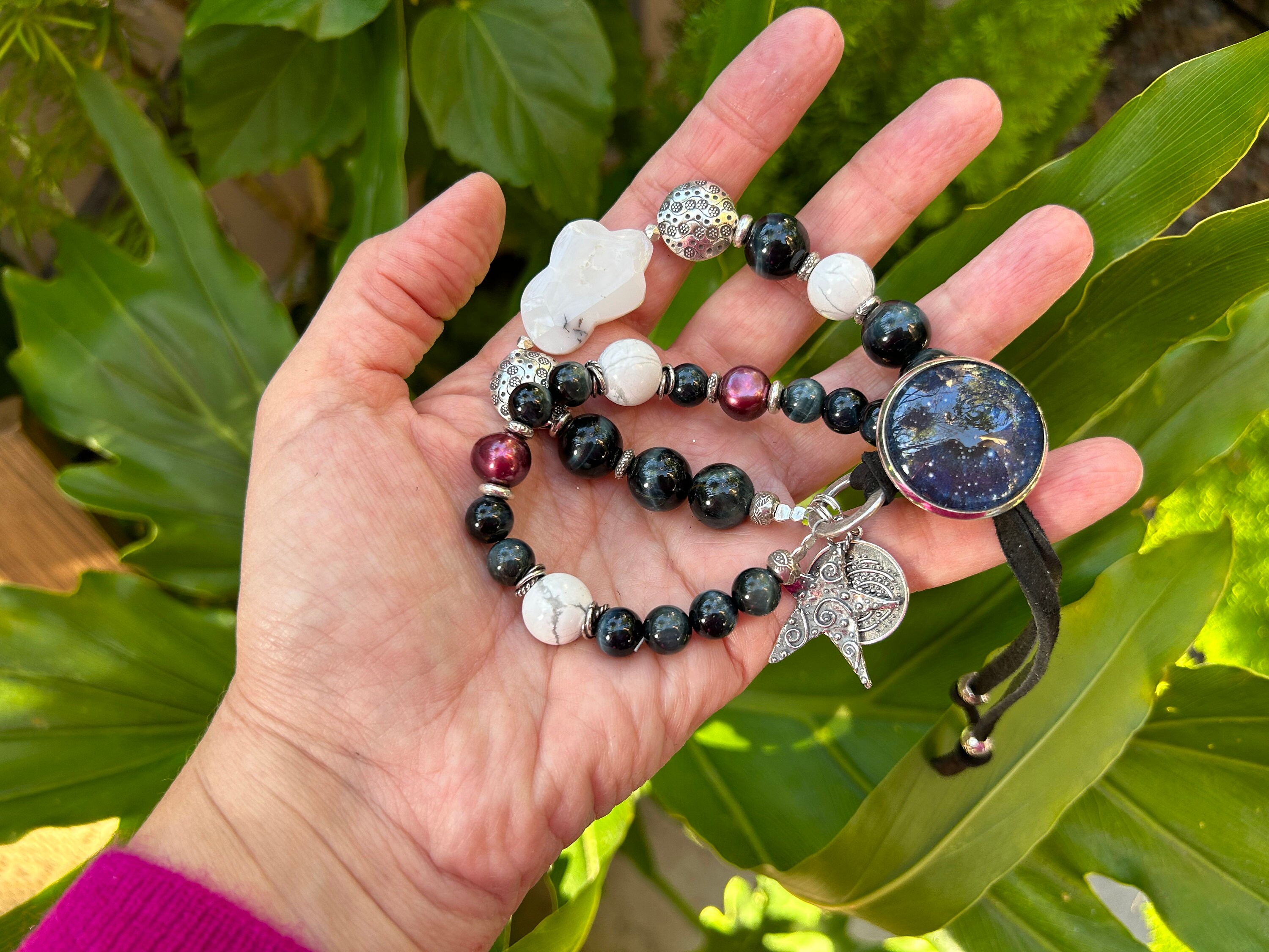Navy and White Cloud Boho Button Bracelet, Hawk Eye and White Opal ...