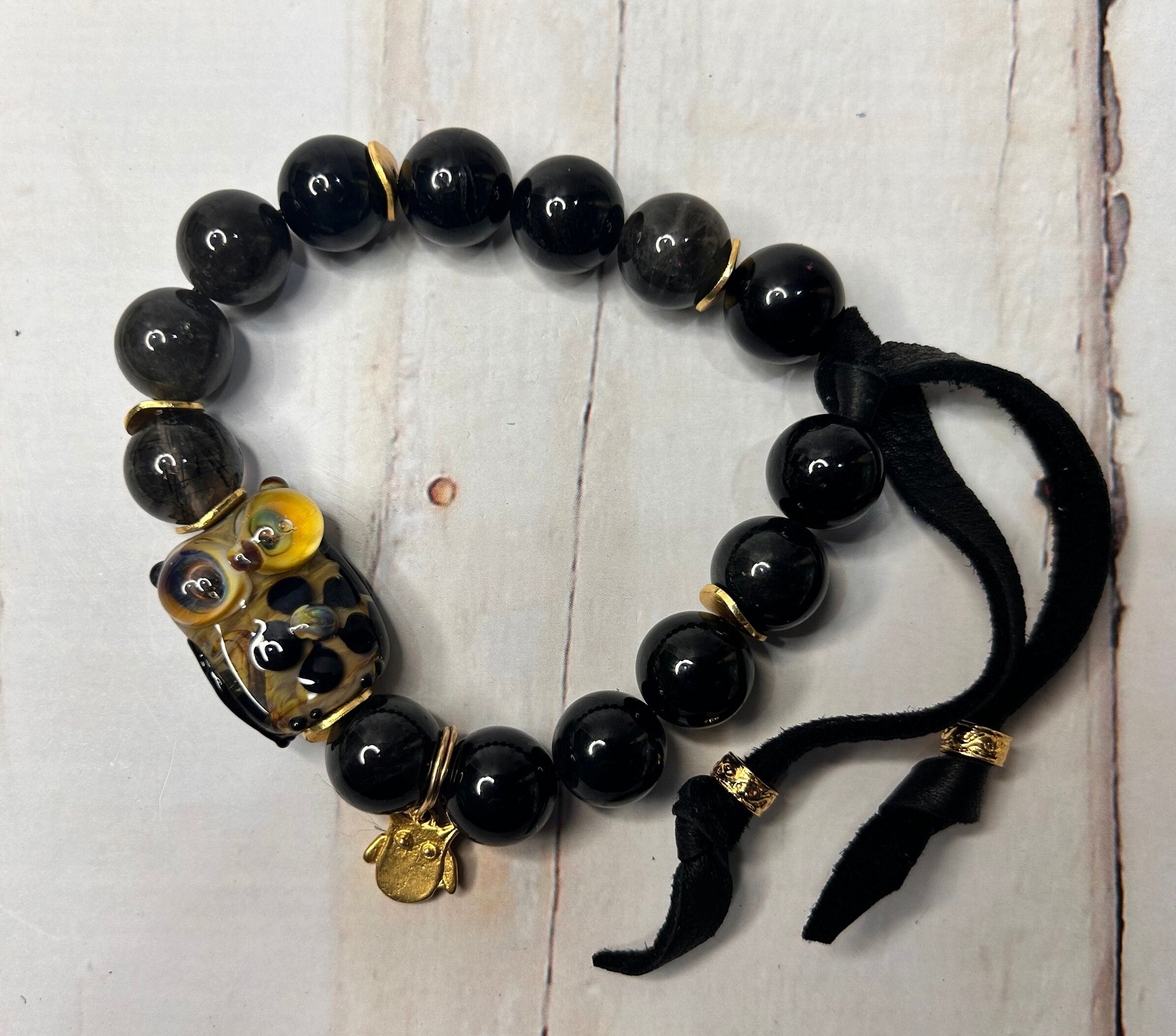 Black Rutile Quartz Stacking Stretch Bracelet, Artisan Glass Owl ...