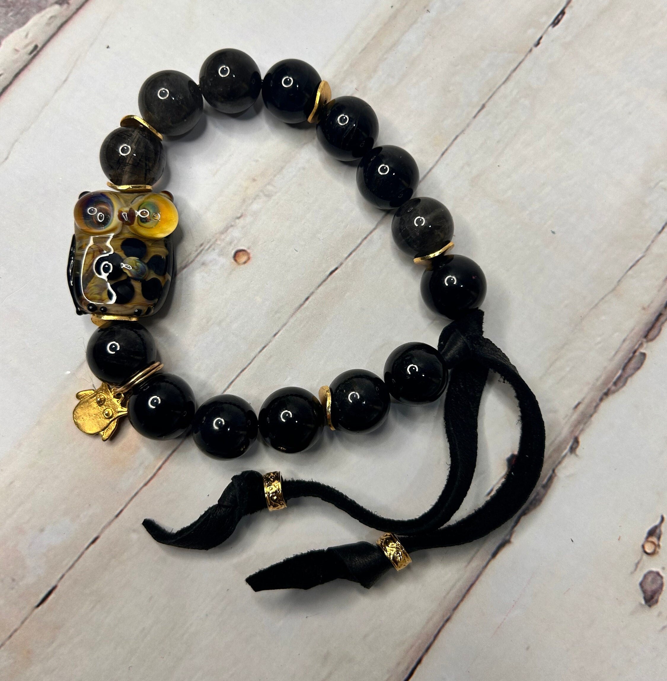 Black Rutile Quartz Stacking Stretch Bracelet, Artisan Glass Owl ...