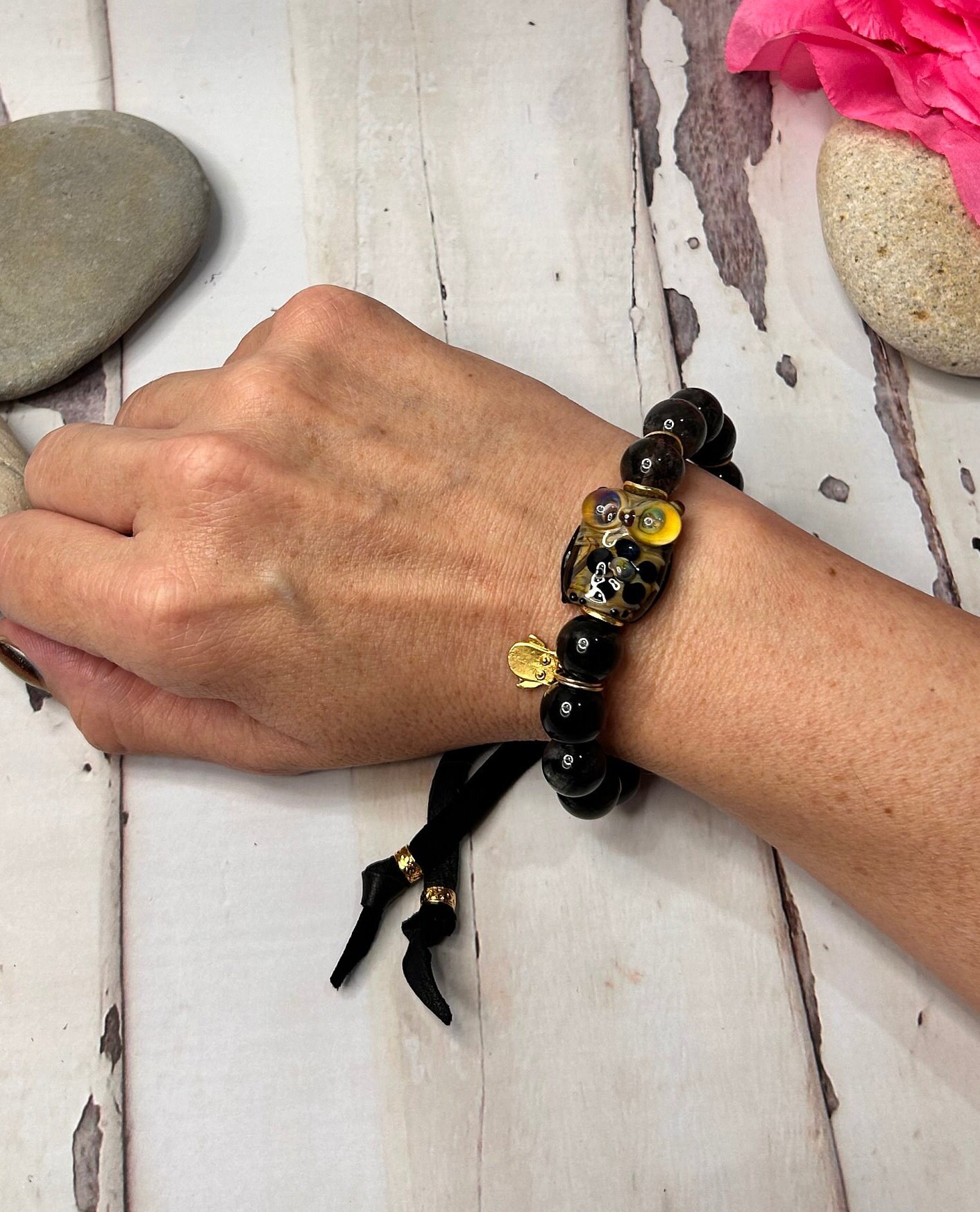 Black Rutile Quartz Stacking Stretch Bracelet, Artisan Glass Owl ...